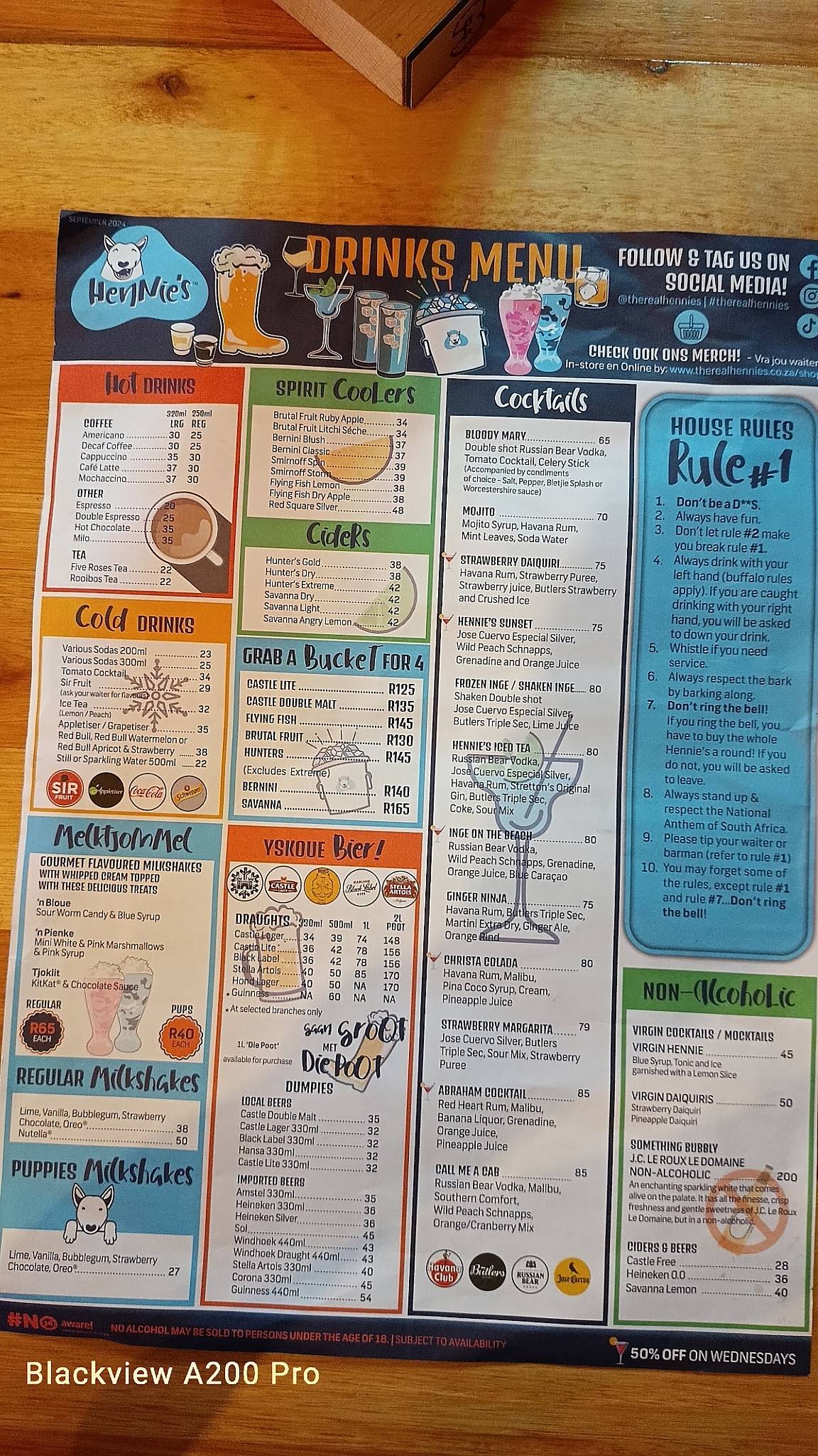 Menu au Hennie's Krugersdorp Restaurant, Krugersdorp