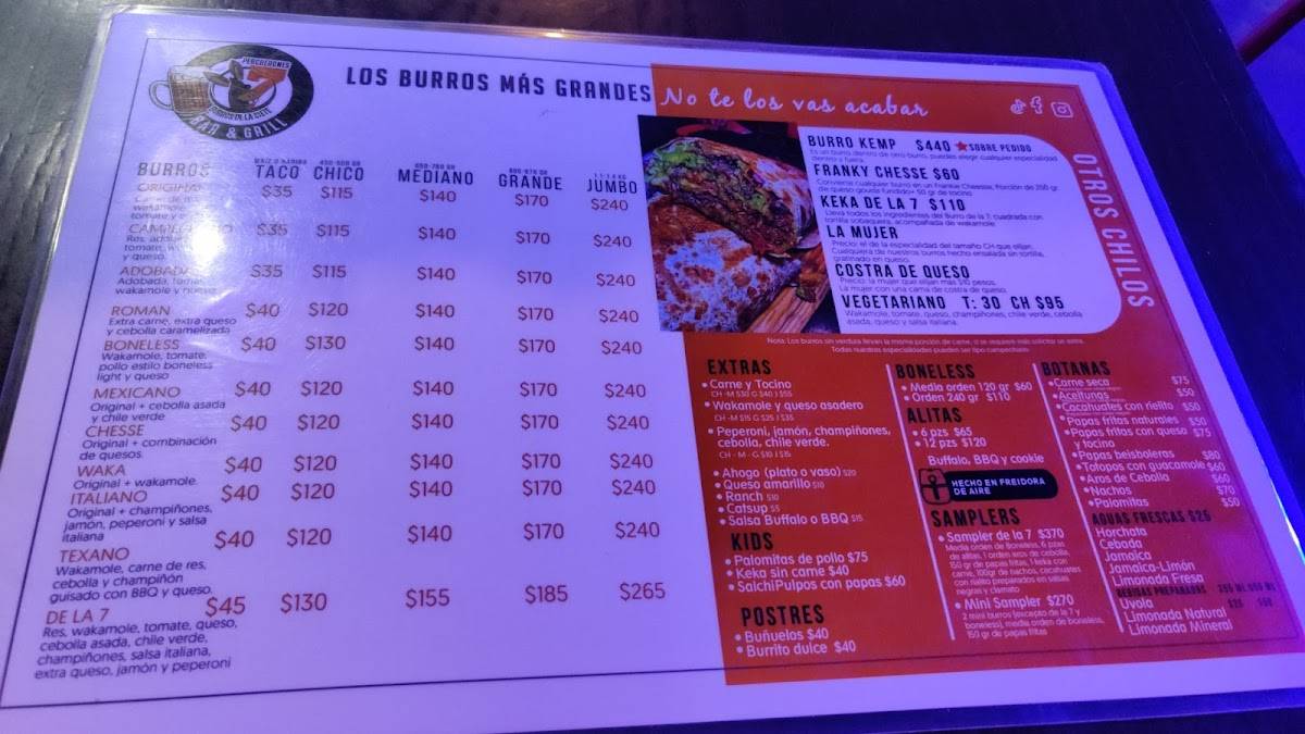Carta de Burros de la 7 percherones & Bar, Hermosillo