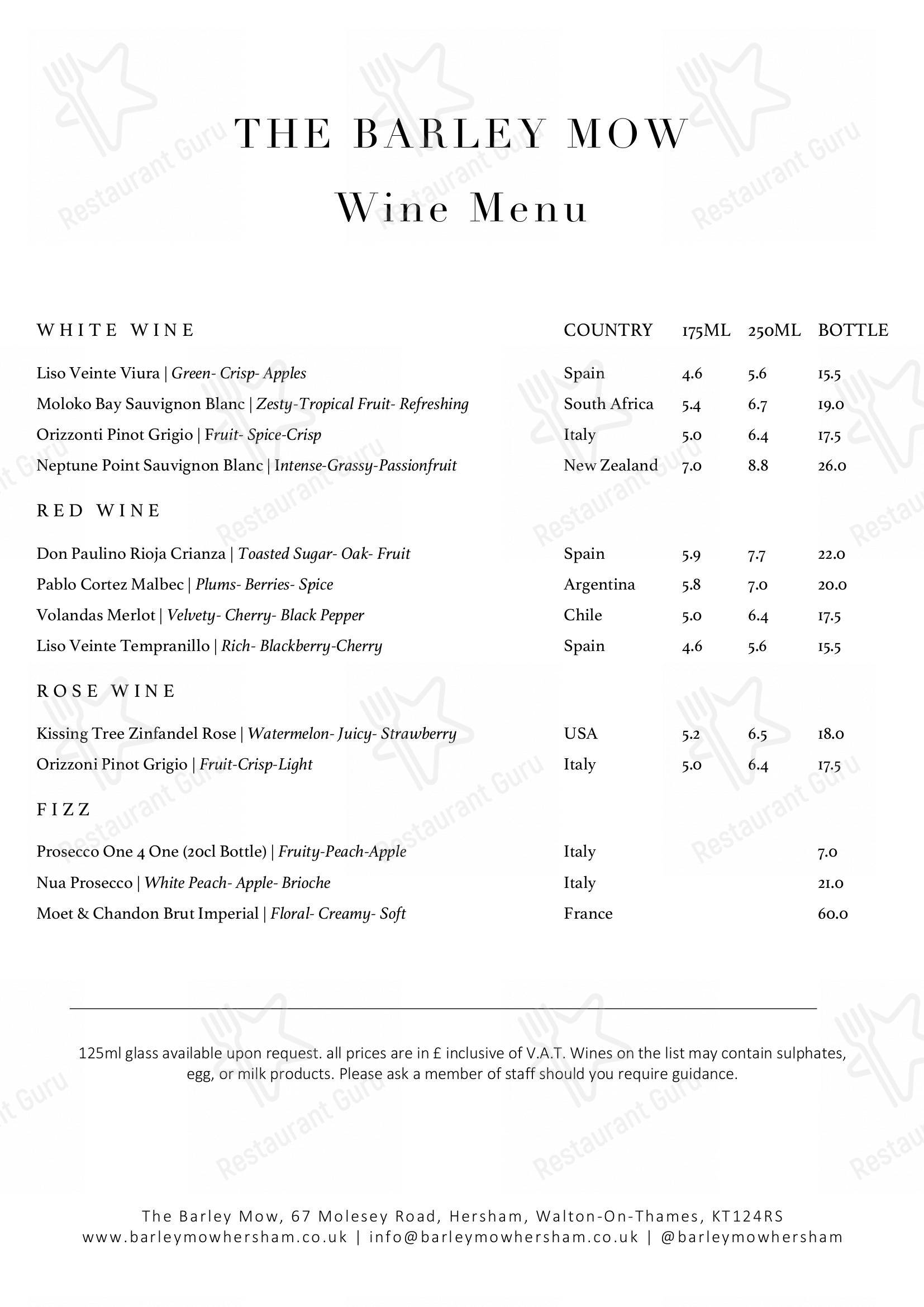 Menu at Barley Mow, Hersham, 67 Molesey Rd