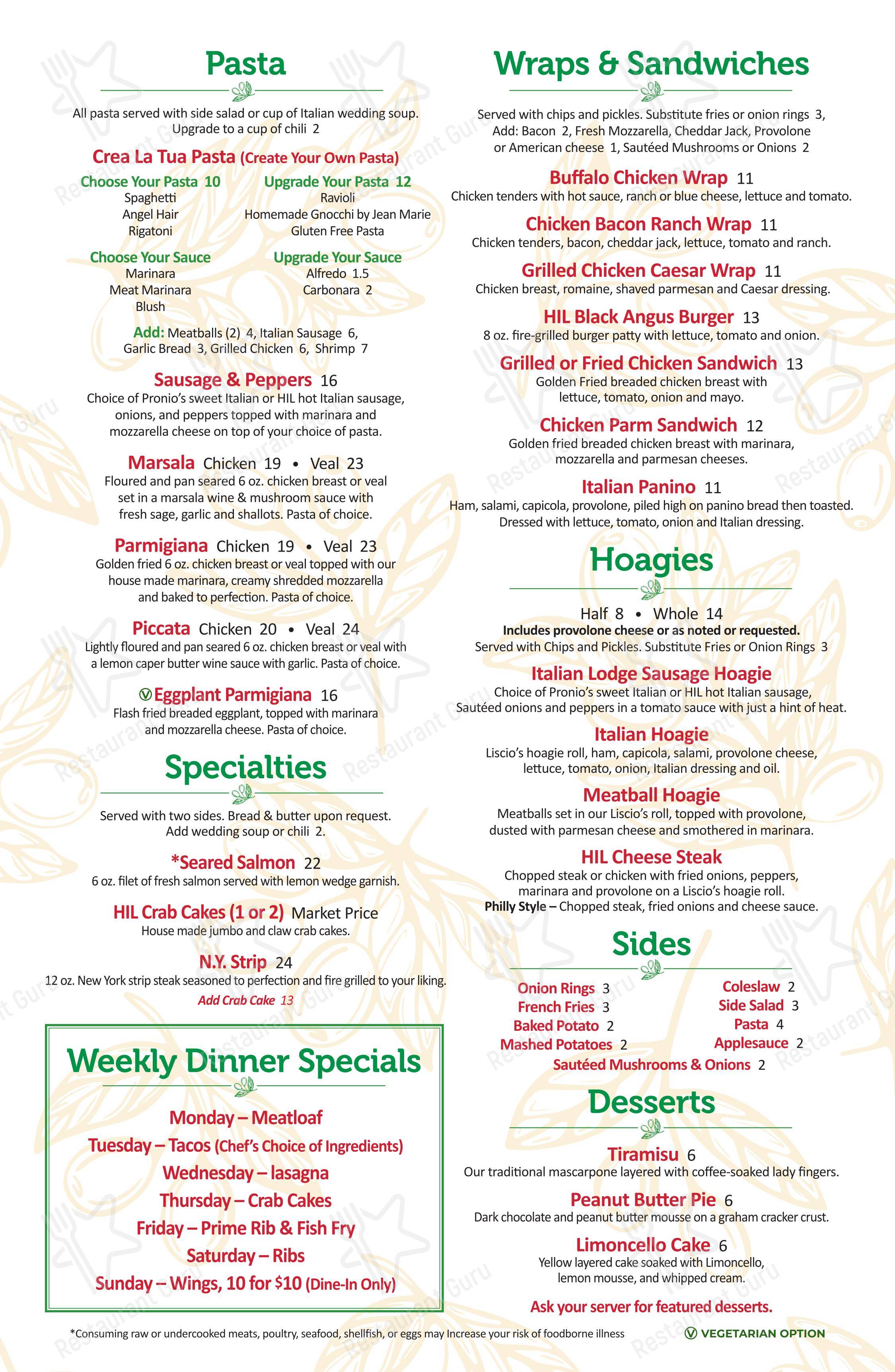 Menu at Hershey Italian Lodge restaurant, Hershey