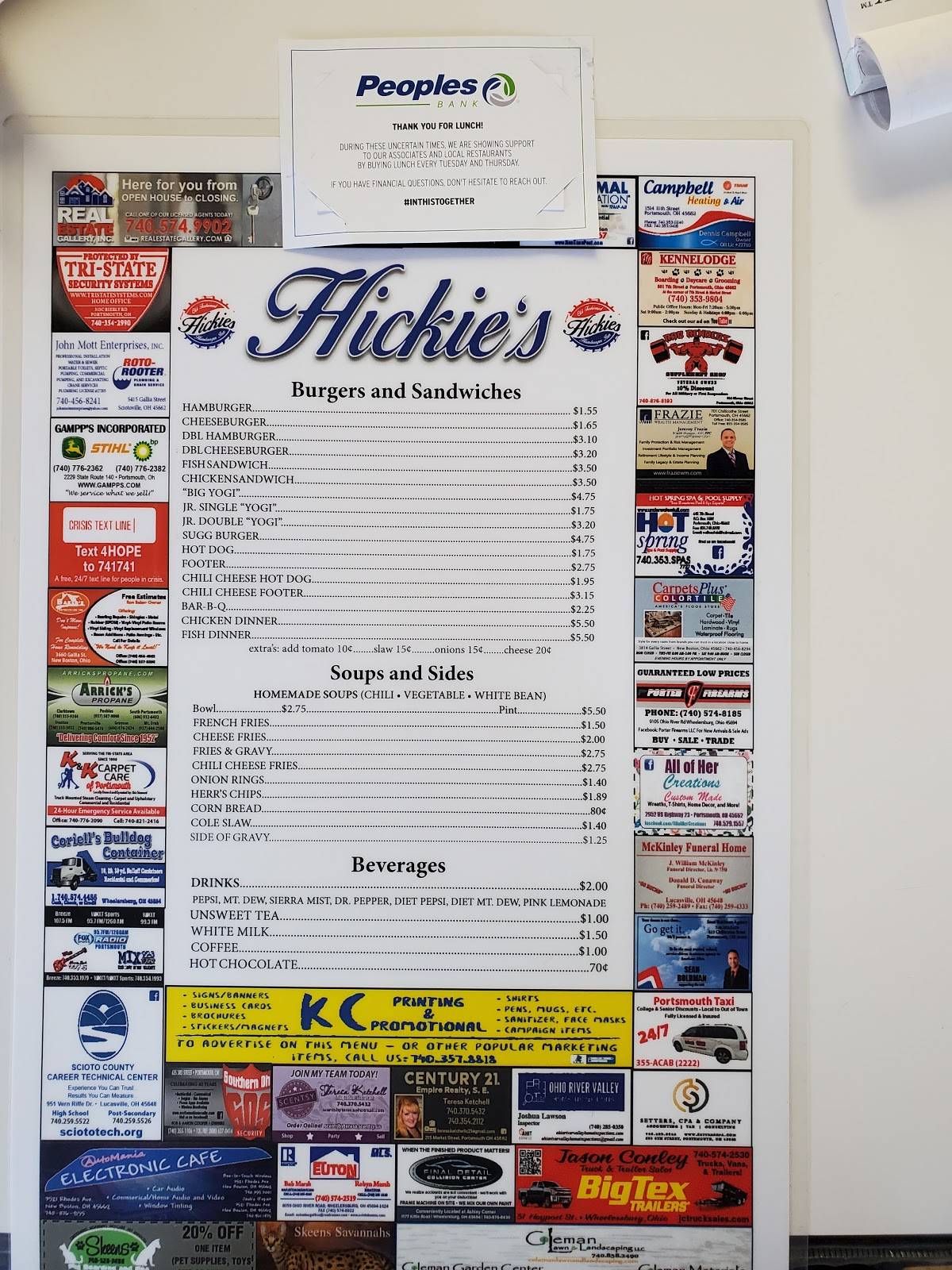 Menu at Hickie's Hamburger Inn fast food, New Boston