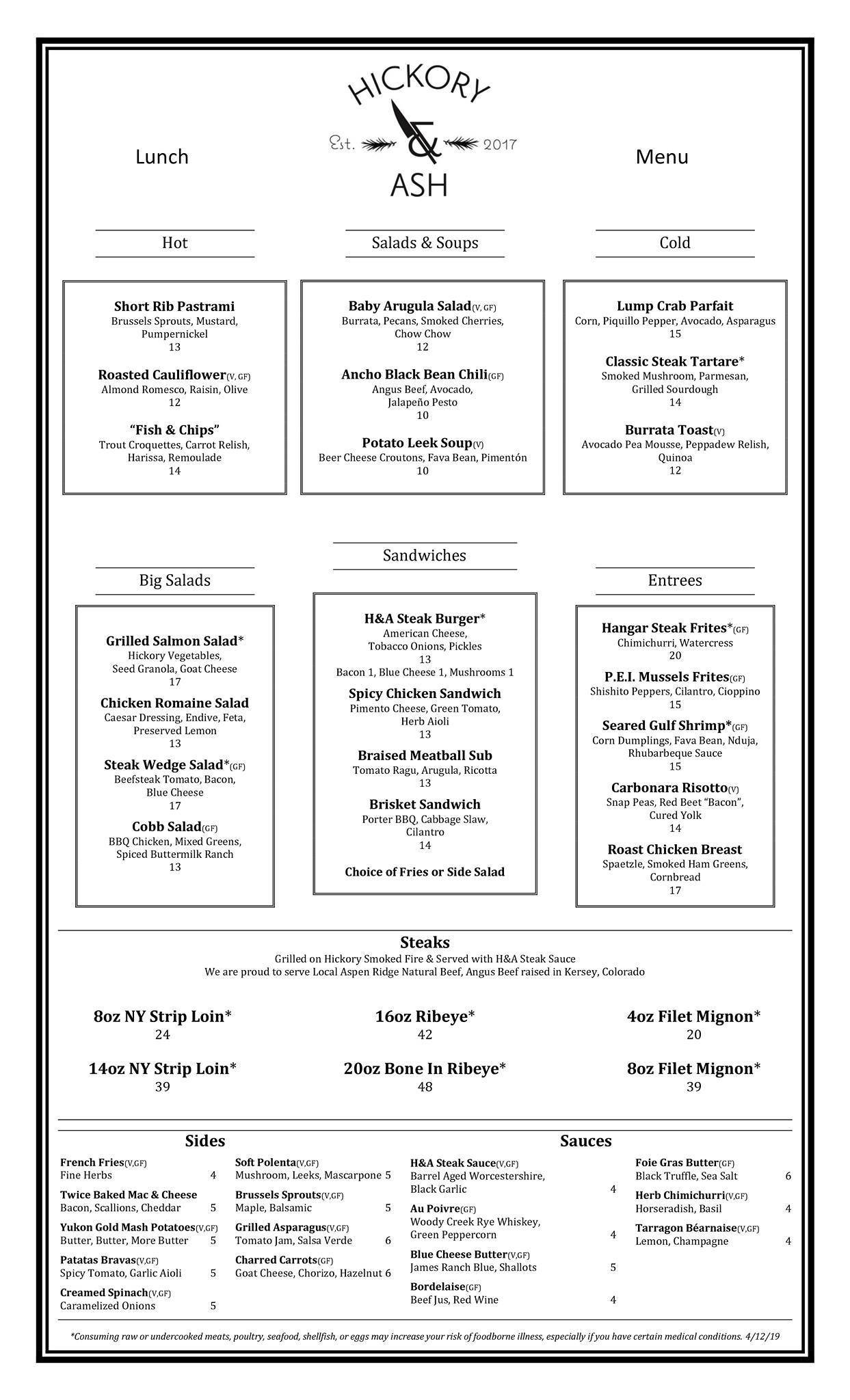 Menu at Hickory & Ash steakhouse, Broomfield