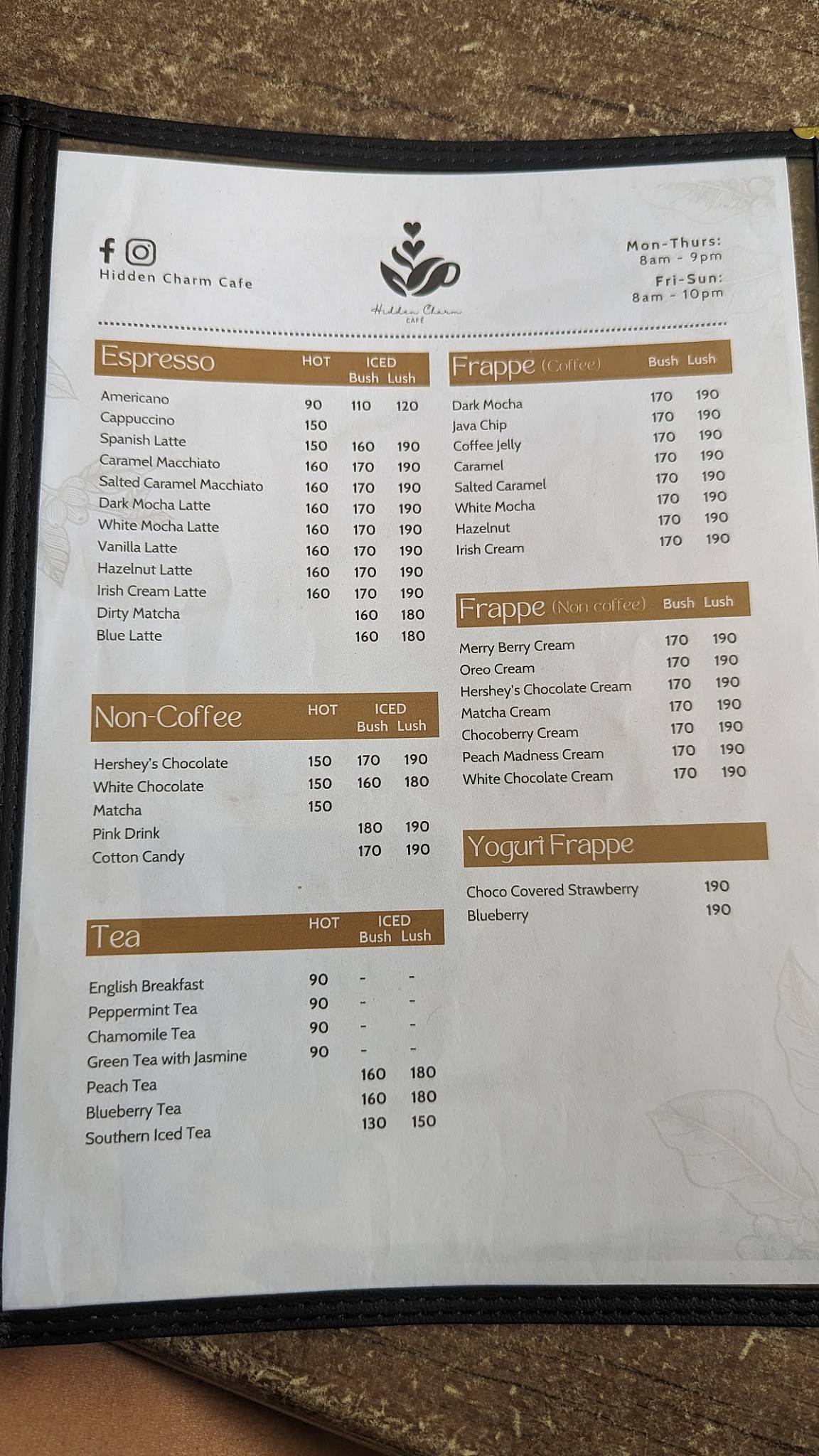 Menu at Hidden Charm Cafe, Silang, Kastila Road