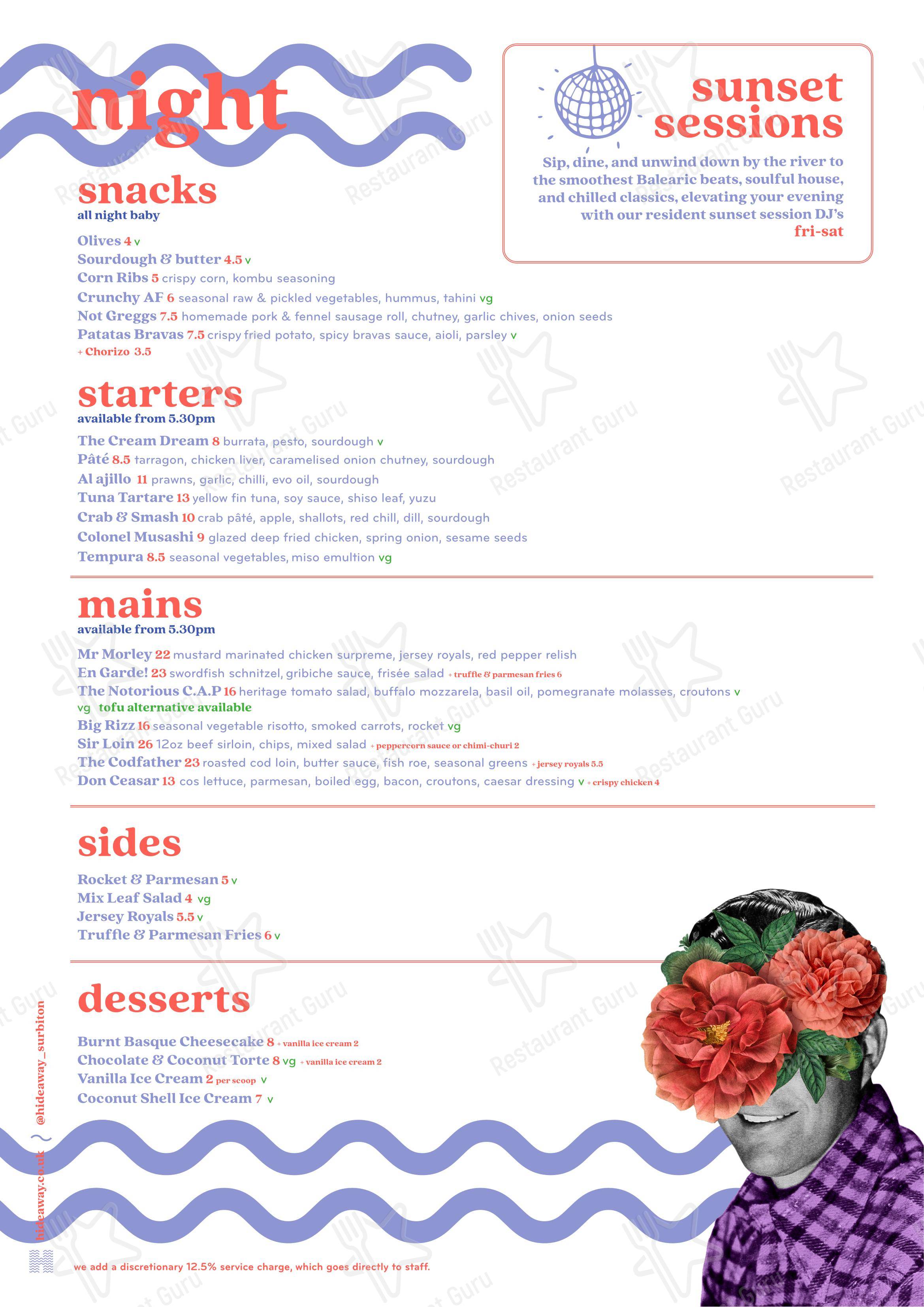 Menu at Hideaway restaurant, Surbiton