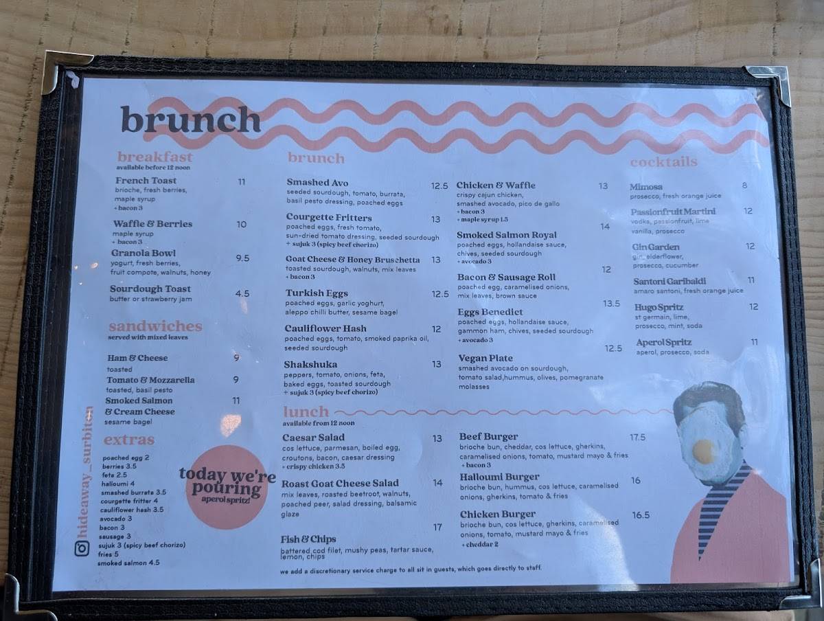 Menu at Hideaway restaurant, Surbiton