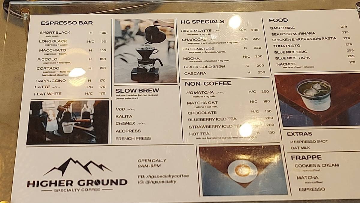 Menu at Higher Ground Specialty Coffee cafe, Muntinlupa
