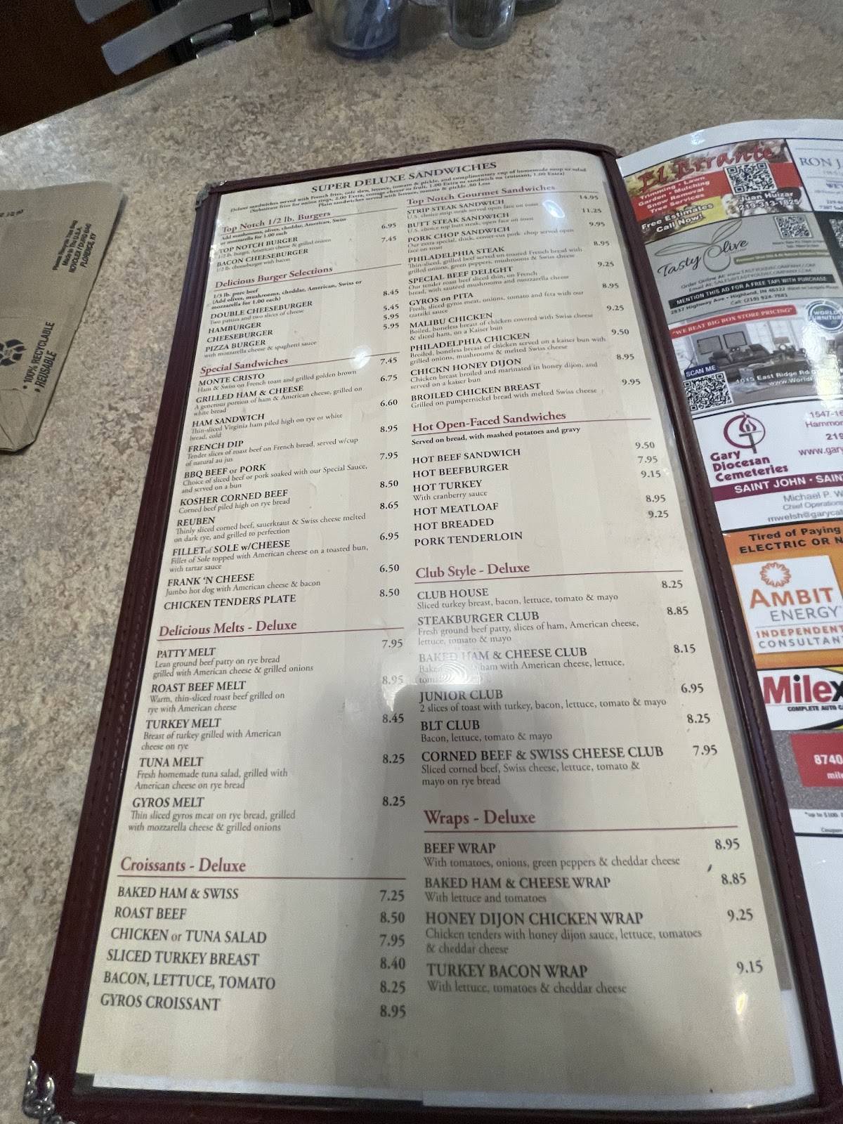 Menu at Top Notch Restaurant, Highland