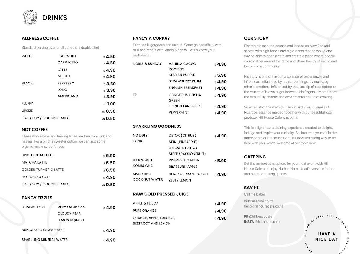 Menu at Hill House Cafe, Auckland