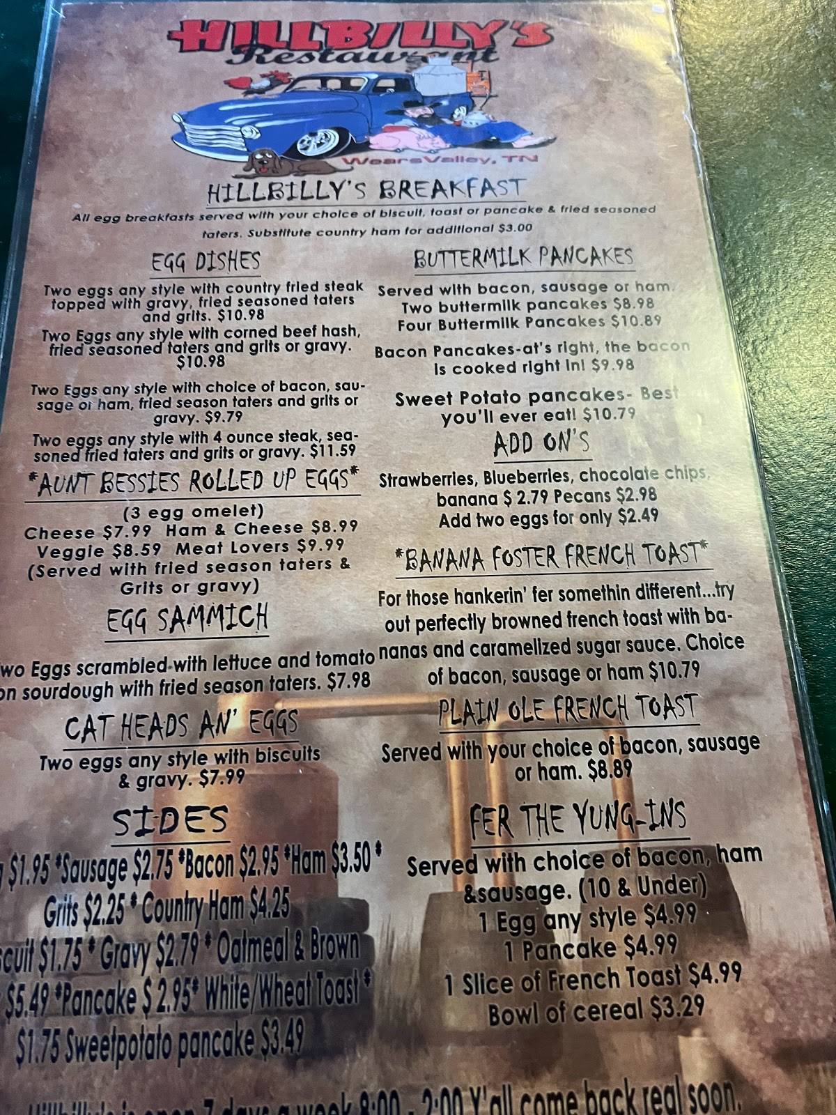 Menu at Hillbilly's Restaurant, Pigeon Forge, Wears Valley Rd