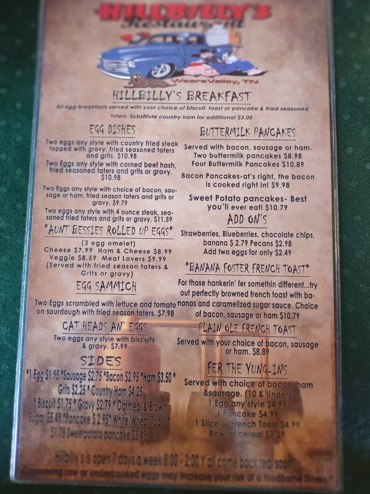 Menu at Hillbilly's Restaurant, Pigeon Forge, Wears Valley Rd