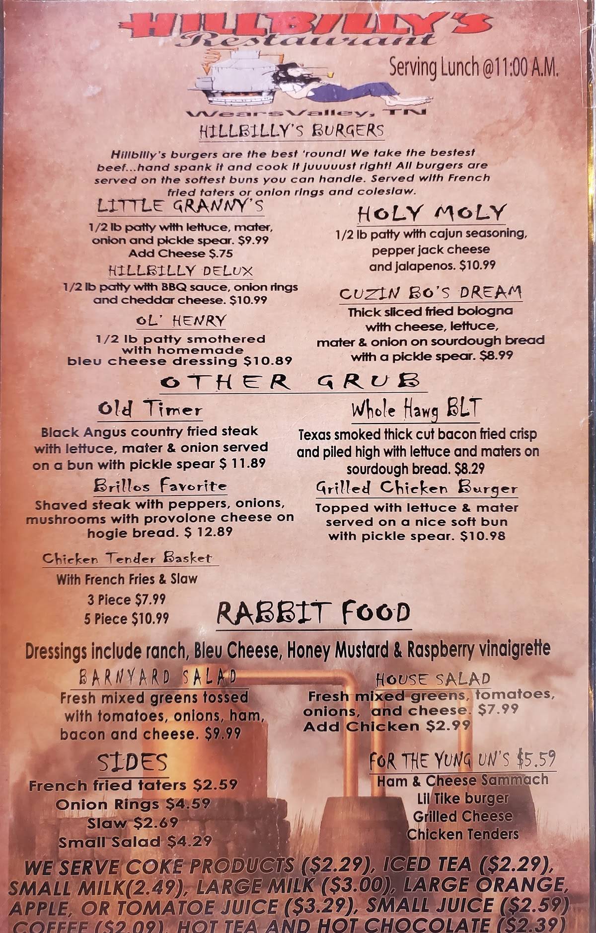 Menu at Hillbilly's Restaurant, Pigeon Forge, Wears Valley Rd