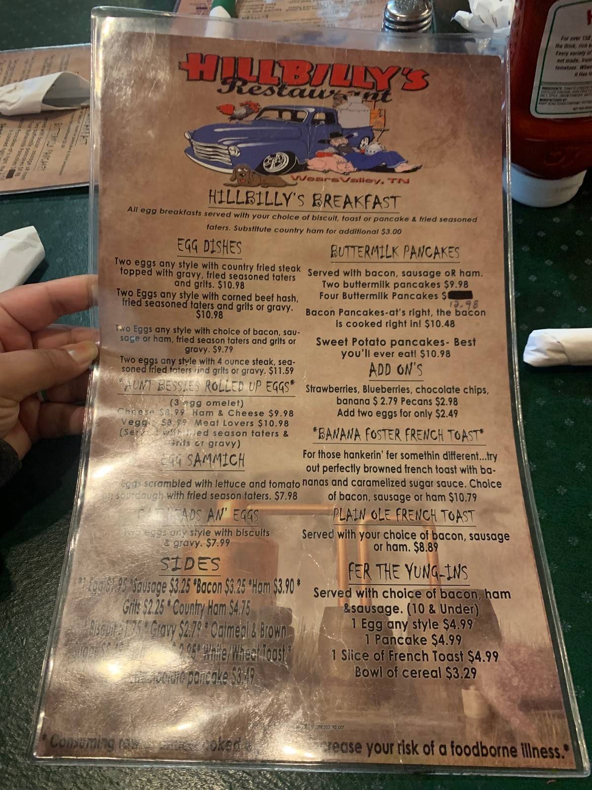 Menu at Hillbilly's Restaurant, Pigeon Forge, Wears Valley Rd