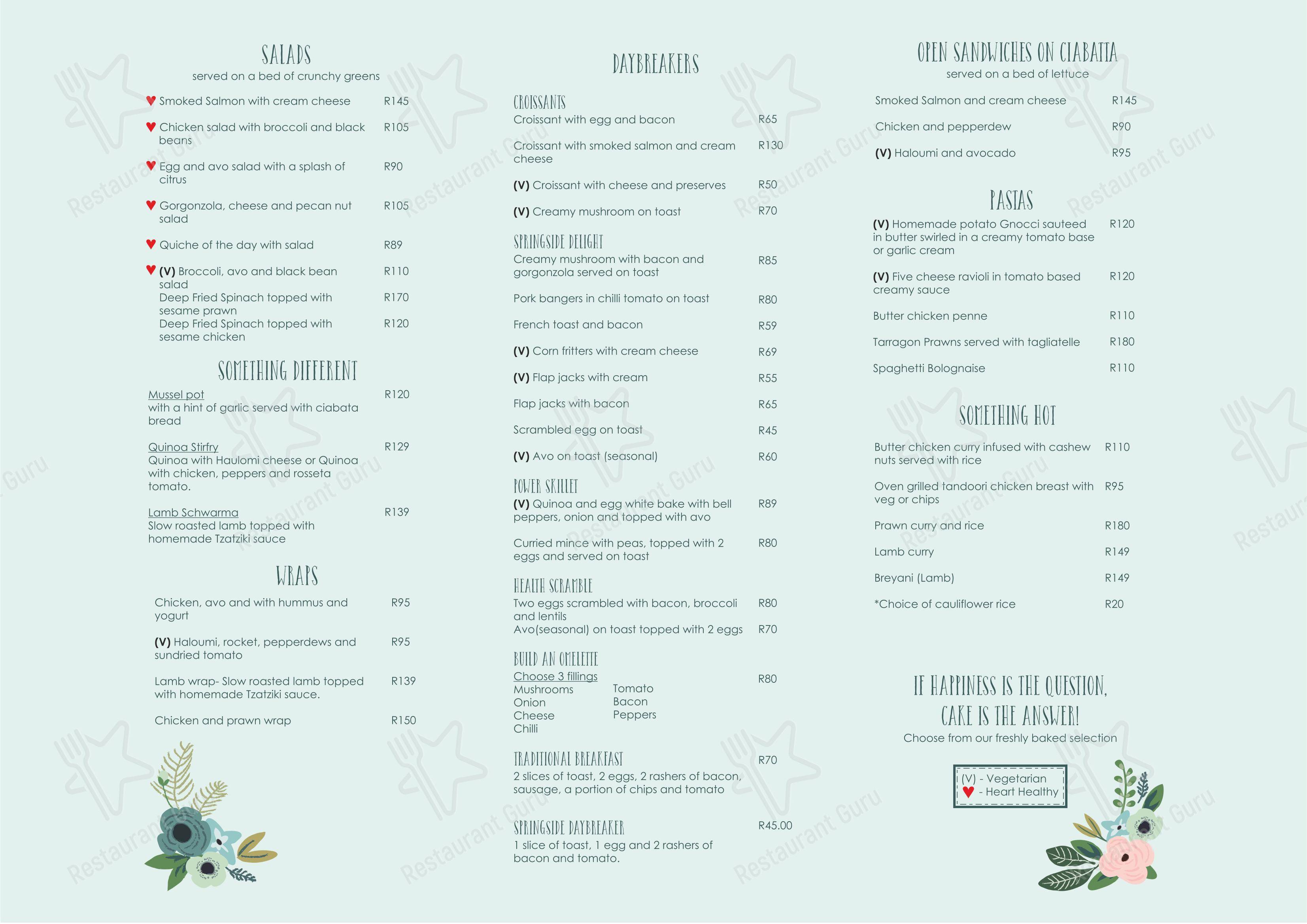 Menu at Springside cafe, Hillcrest