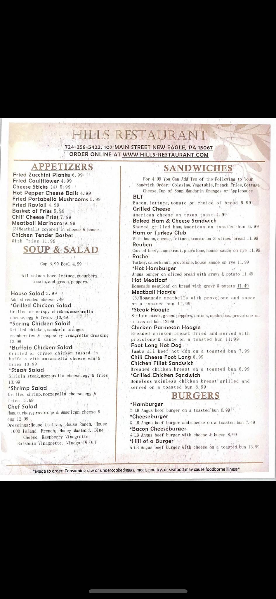 Menu at Hills Restaurant, New Eagle, 107 Main St
