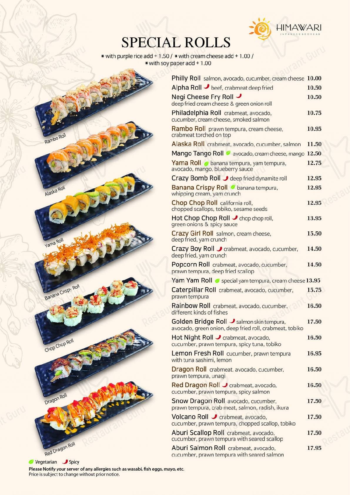 Menu at Himawari Sushi restaurant, Moose Jaw