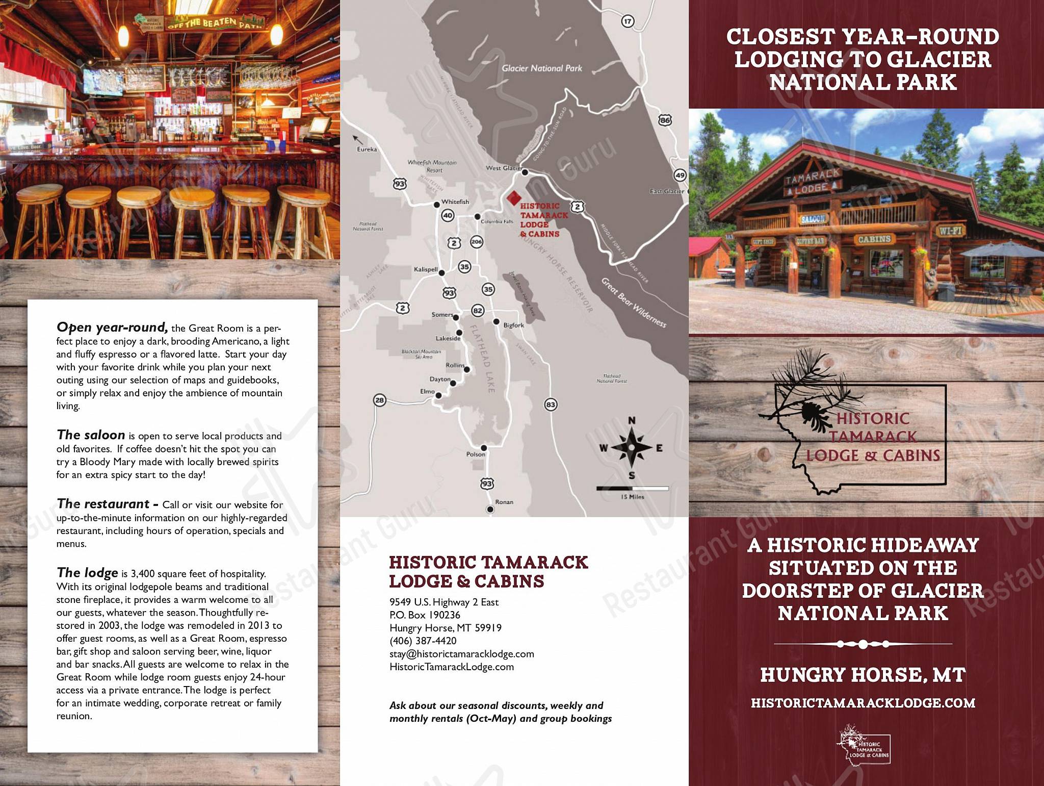 Menu at Historic Tamarack Lodge & Cabins pub & bar, Hungry Horse