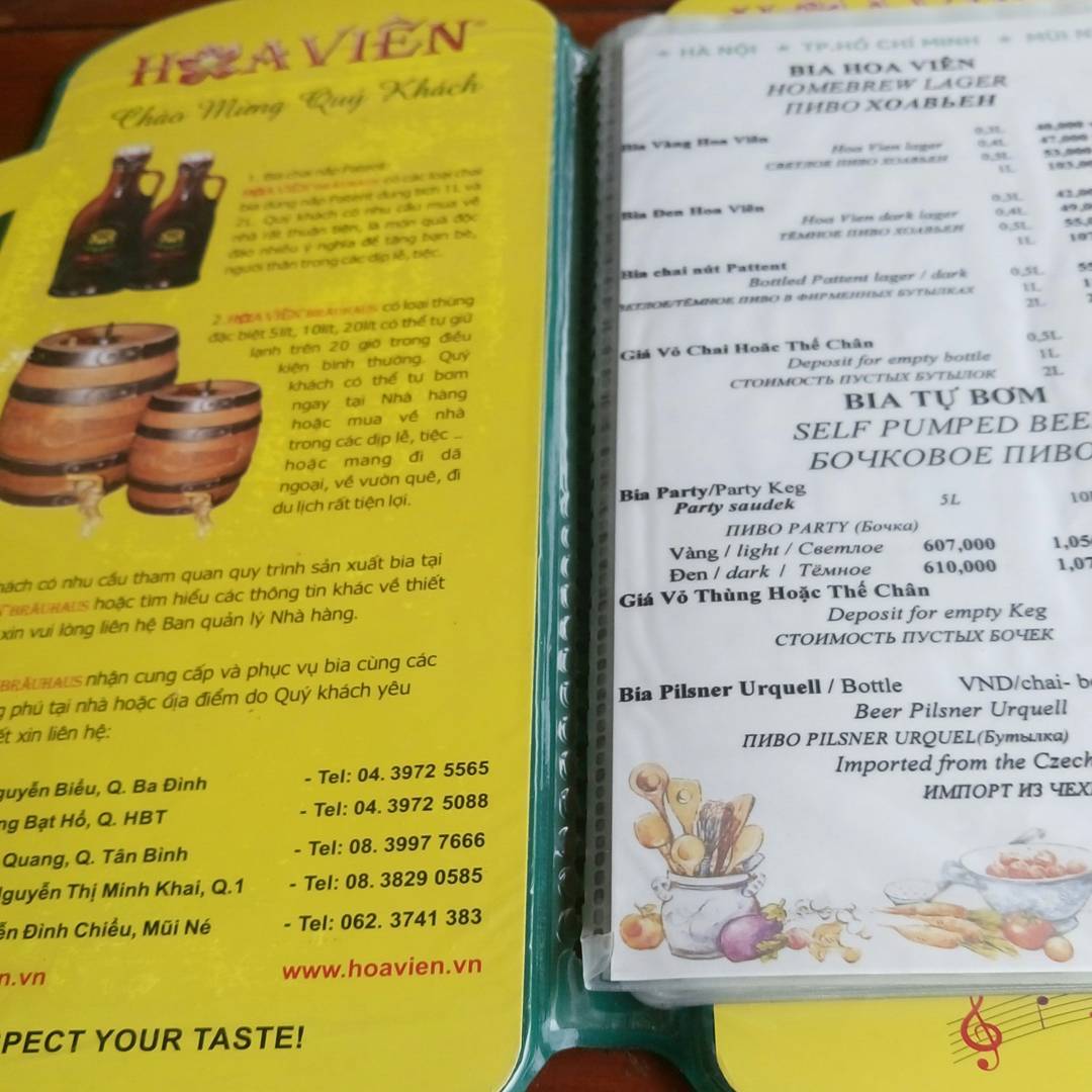Menu at Hoa Vien Brauhaus restaurant, Phan Thiet, 2A Nguyễn Đình Chiểu