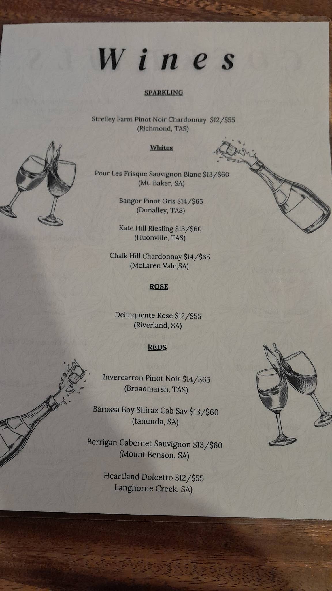 Menu at The Mayfair Bar, Hobart