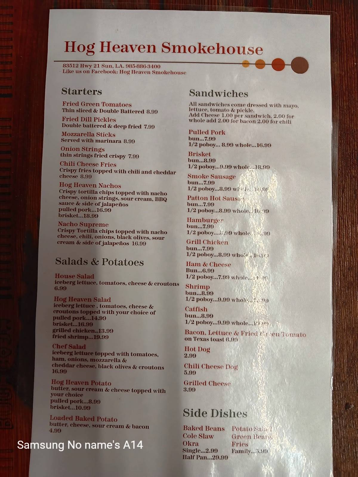 Menu at Hog Heaven Smokehouse restaurant, Sun, LA-21