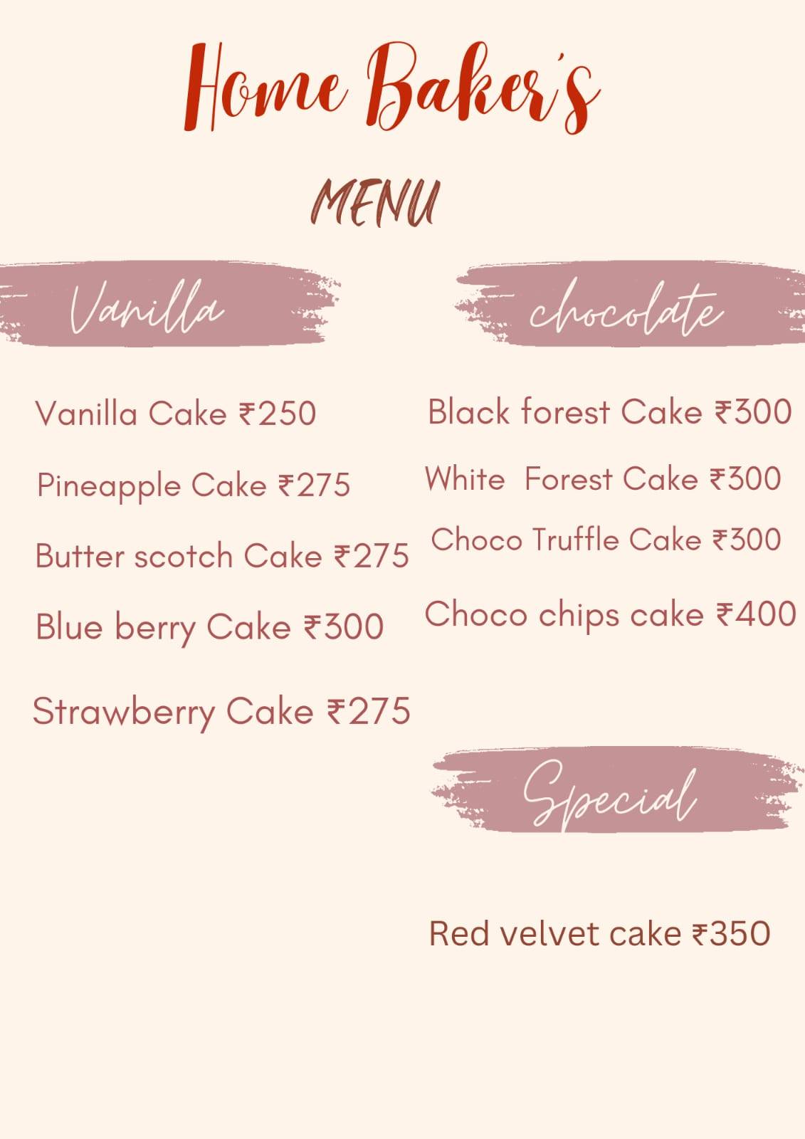 Menu at Home Baker's, Bhubaneswar