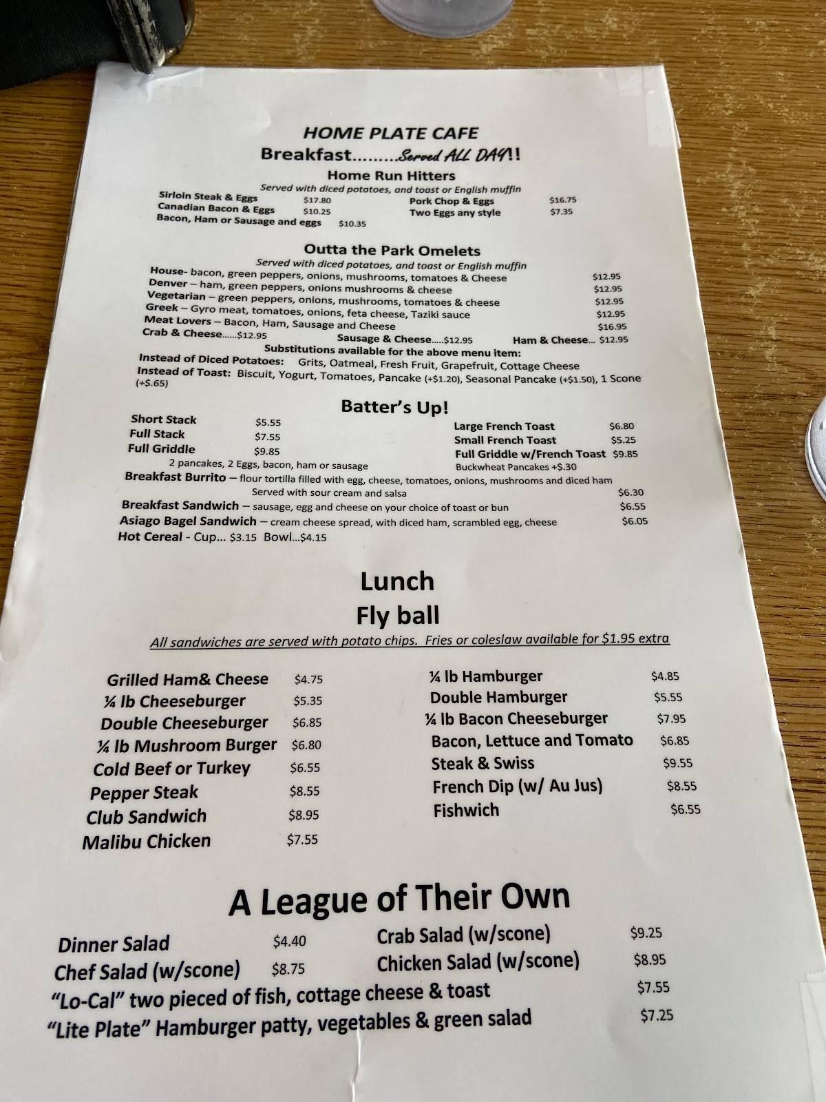 Menu at Home Plate Café restaurant, Fairview