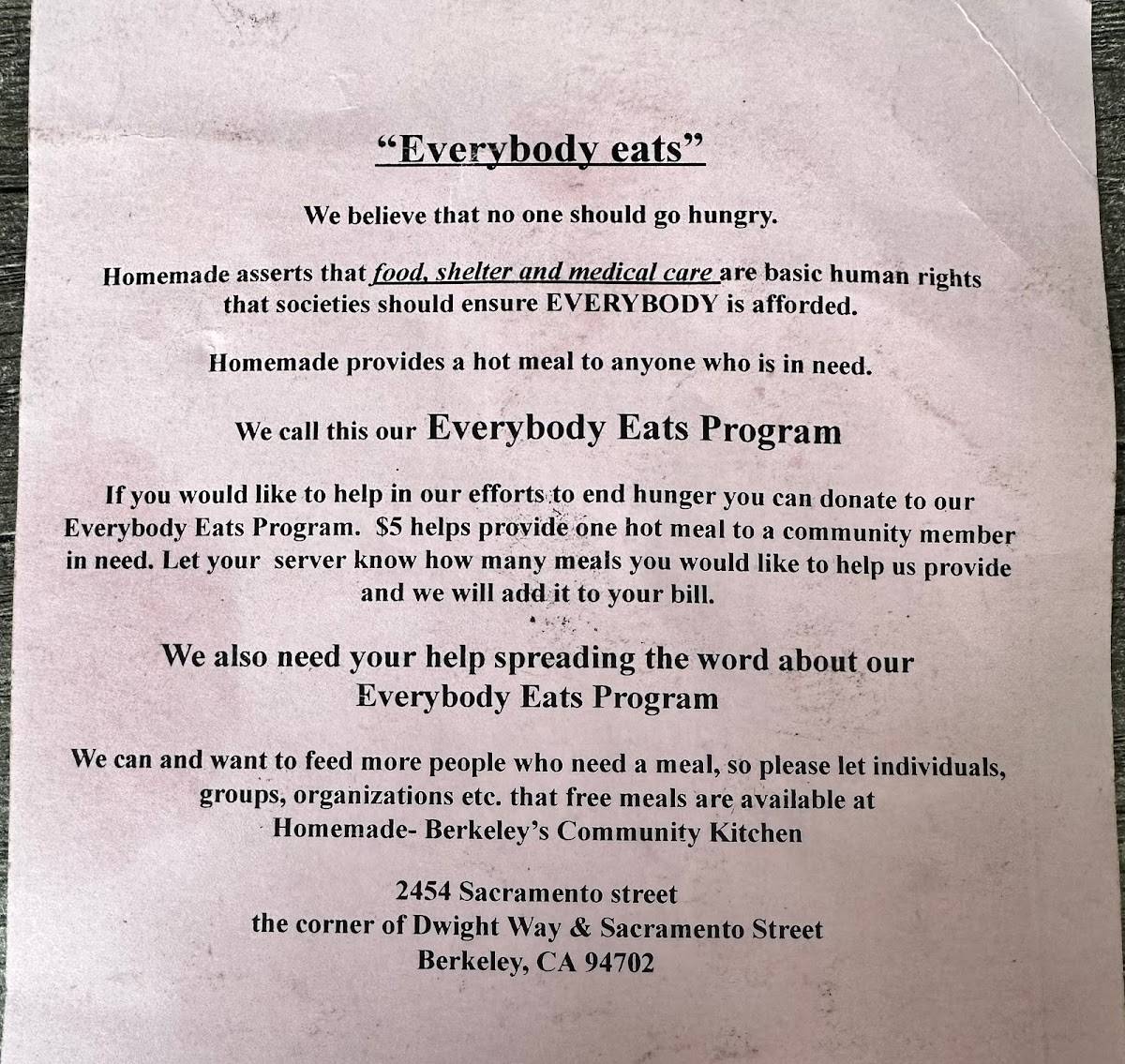 Menu at Homemade Cafe, Berkeley