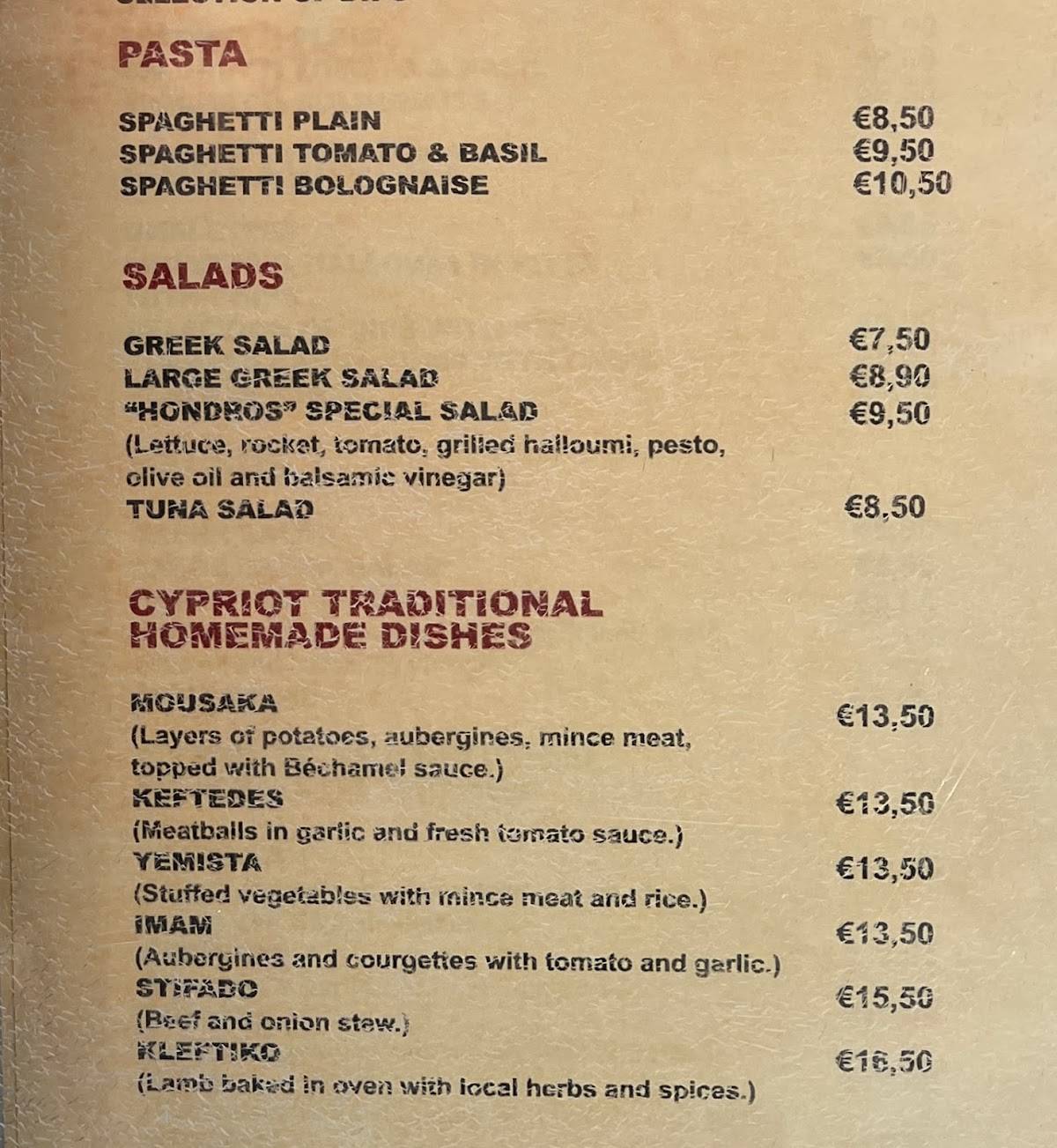 Menu at Hondros - The oldest traditional tavern, Paphos