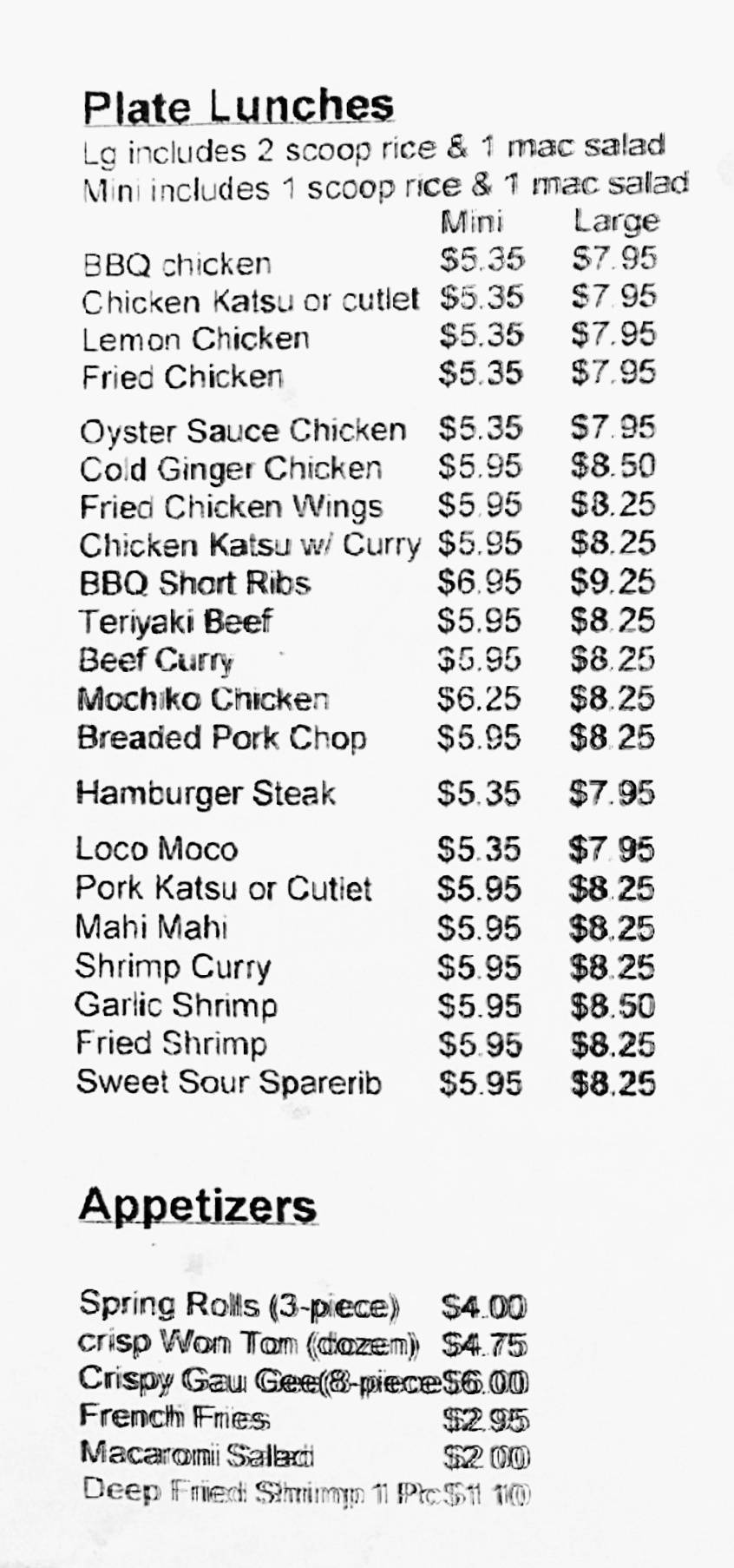 Menu at Mark's Drive Inn BBQ, Honolulu