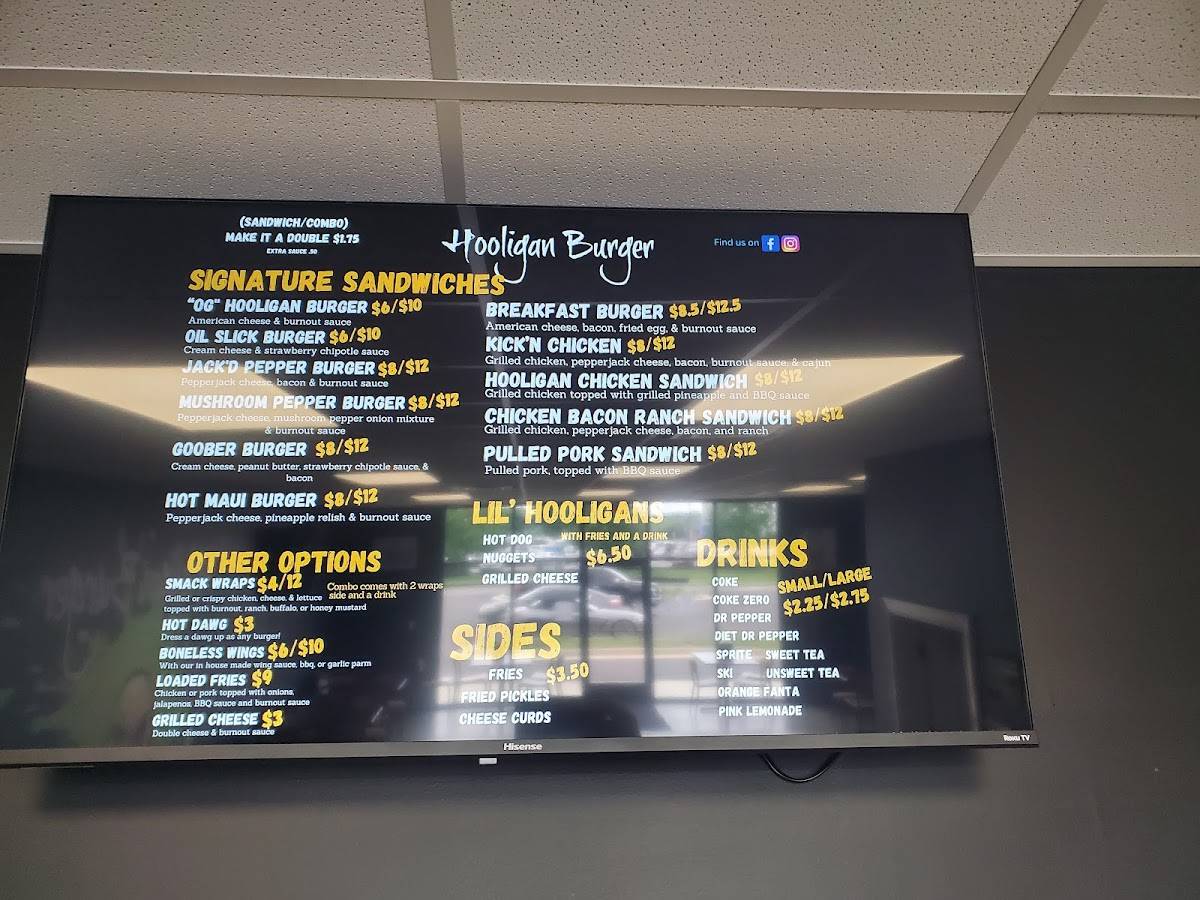 Menu at Hooligan Burger restaurant, Columbia