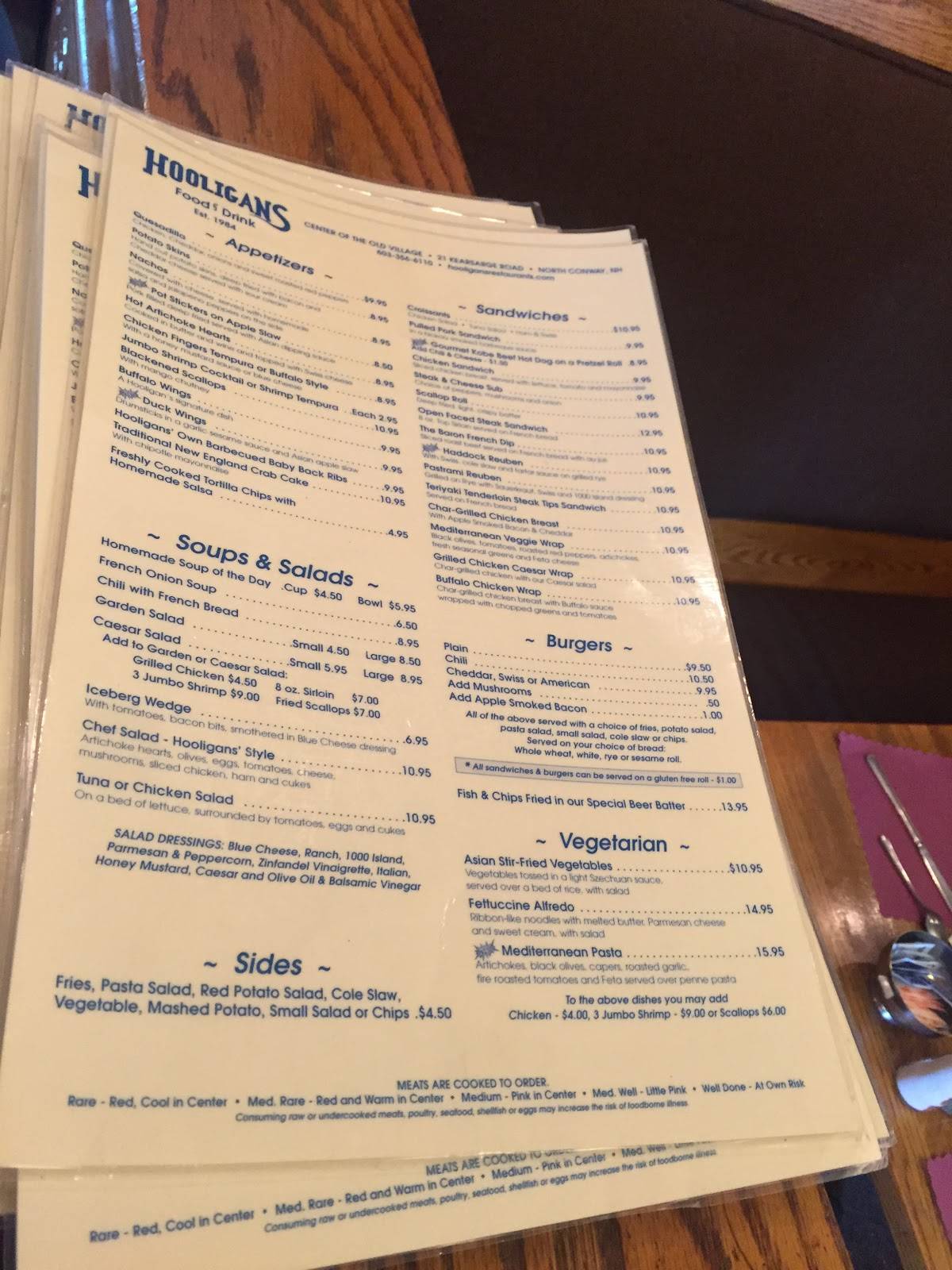 Menu at Hooligans Restaurant, Conway