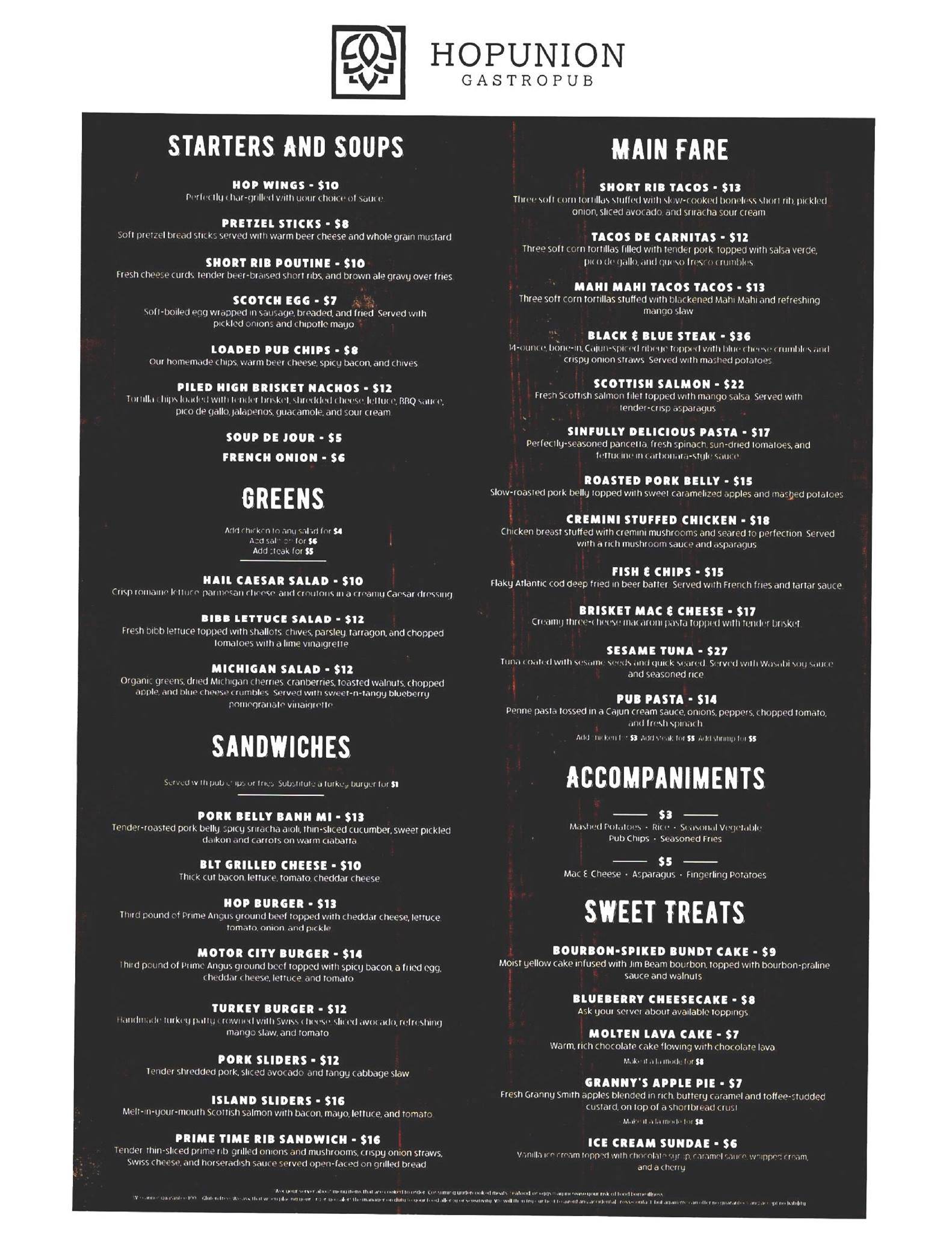 Menu at HopUnion Gastropub, Romulus