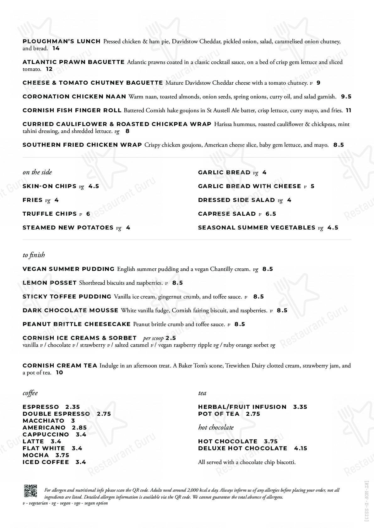 Menu at Hope & Anchor, Hope Cove pub & bar, Hope Cove