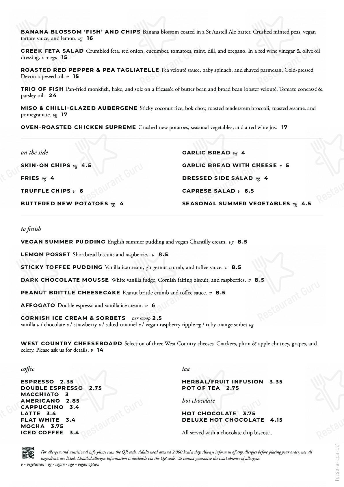 Menu at Hope & Anchor, Hope Cove pub & bar, Hope Cove