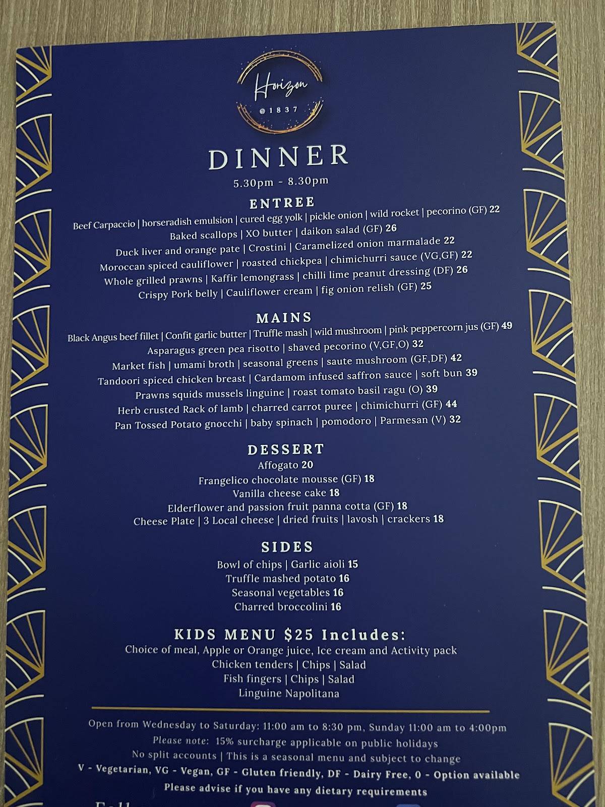 Menu at Horizon at 1837 restaurant, Lyndoch