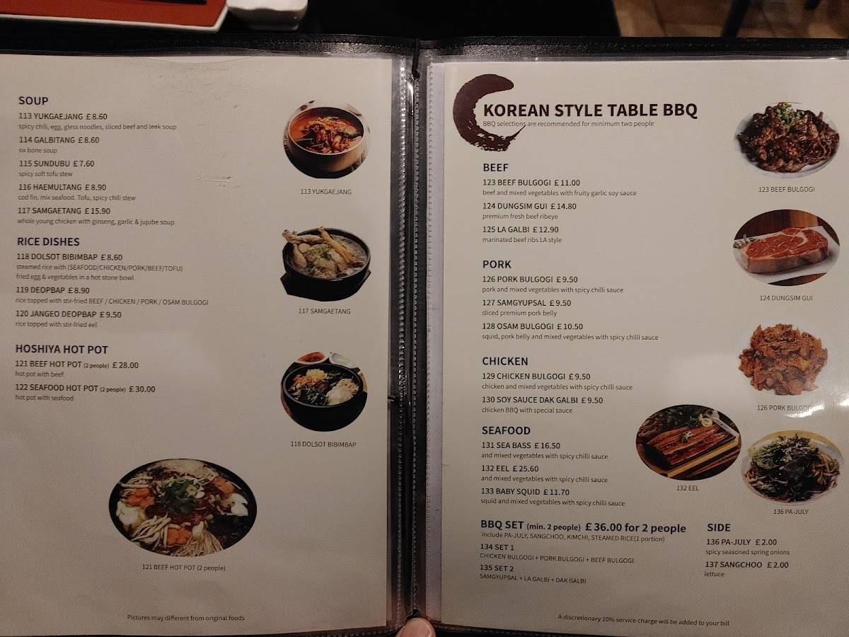 Menu at Hoshiya Korea Restaurant, Woking