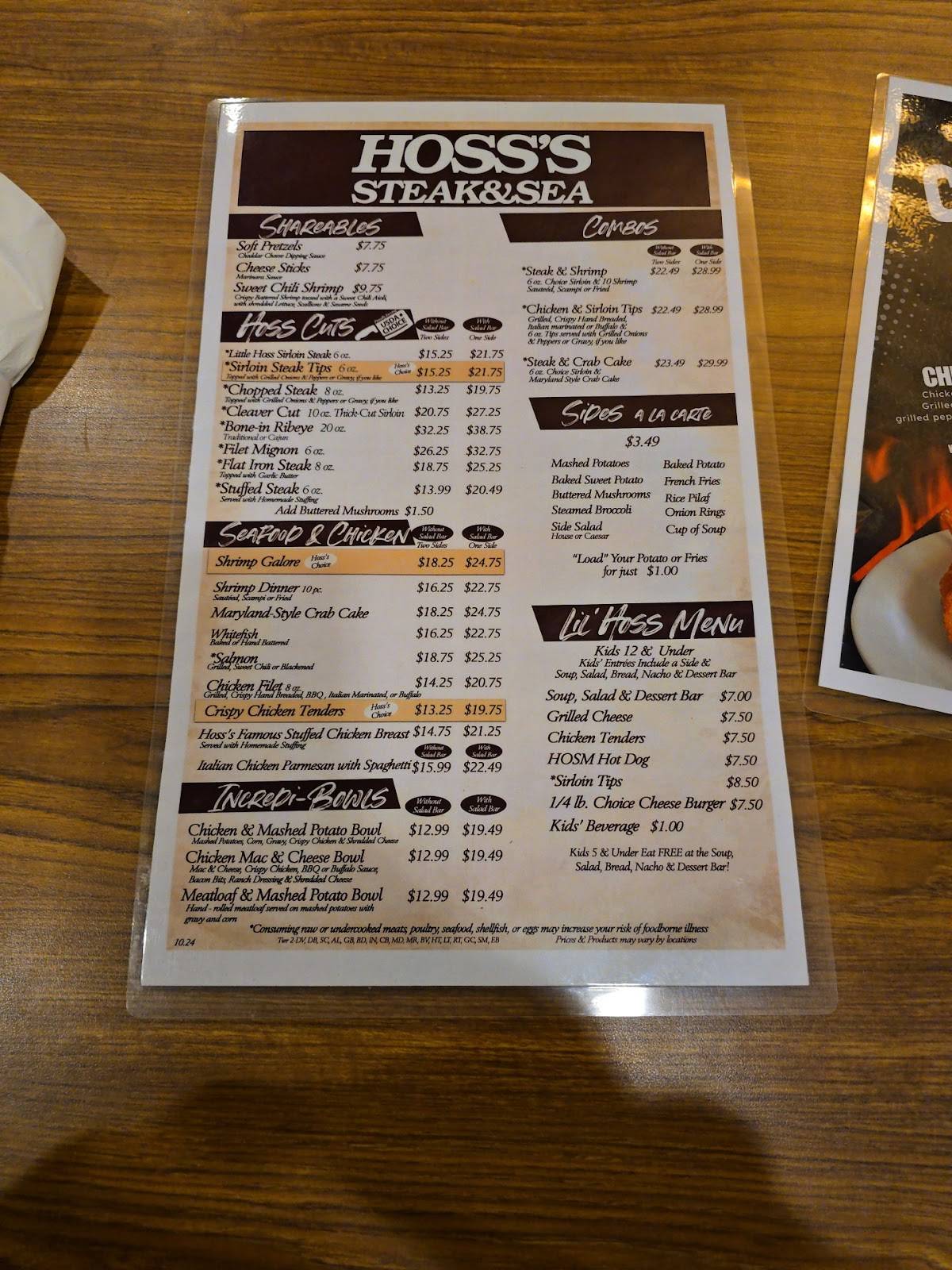 Menu at Hoss's Steak & Sea House steakhouse, Seneca, PA-257