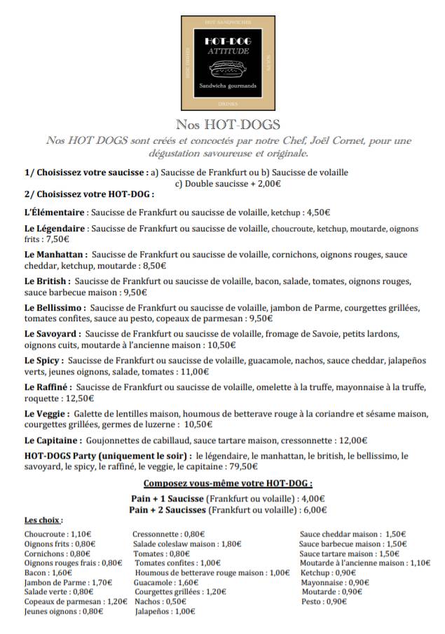 Menu au Hot Dog Attitude, Uccle