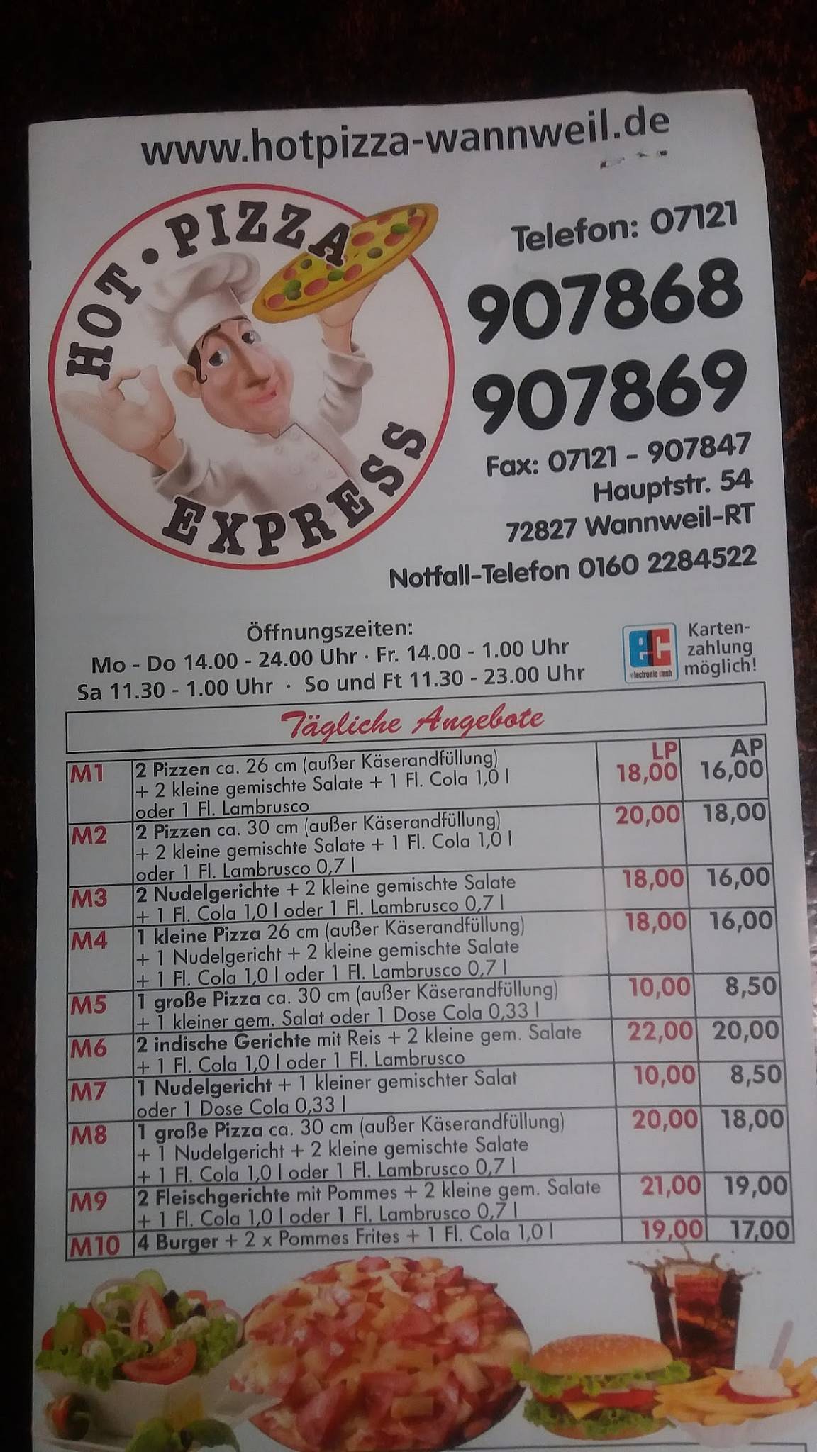 Speisekarte von Hot Pizza Express, Wannweil