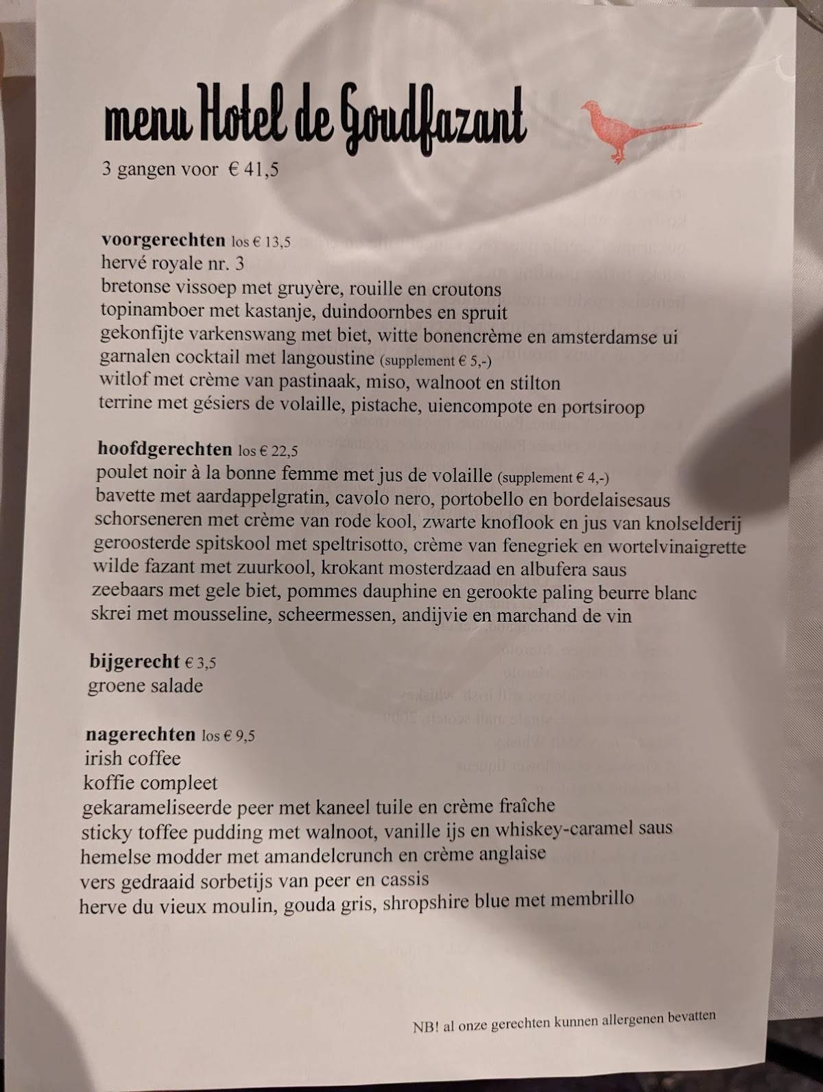 Menu at Hotel De Goudfazant, Amsterdam