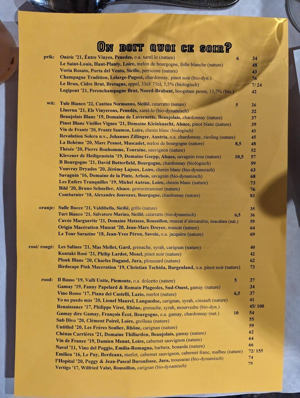 Menu at Hotel De Goudfazant, Amsterdam