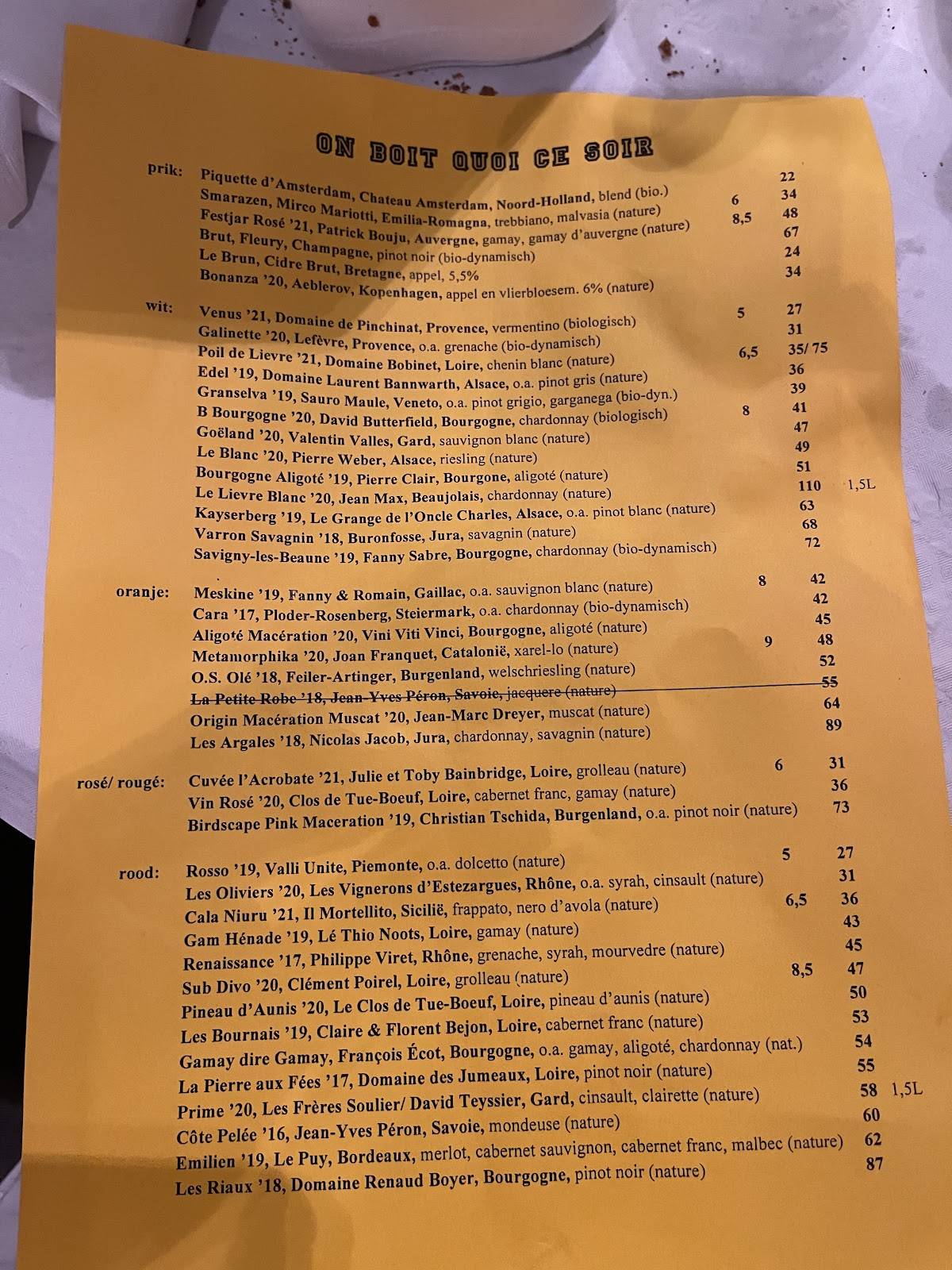 Menu at Hotel De Goudfazant, Amsterdam