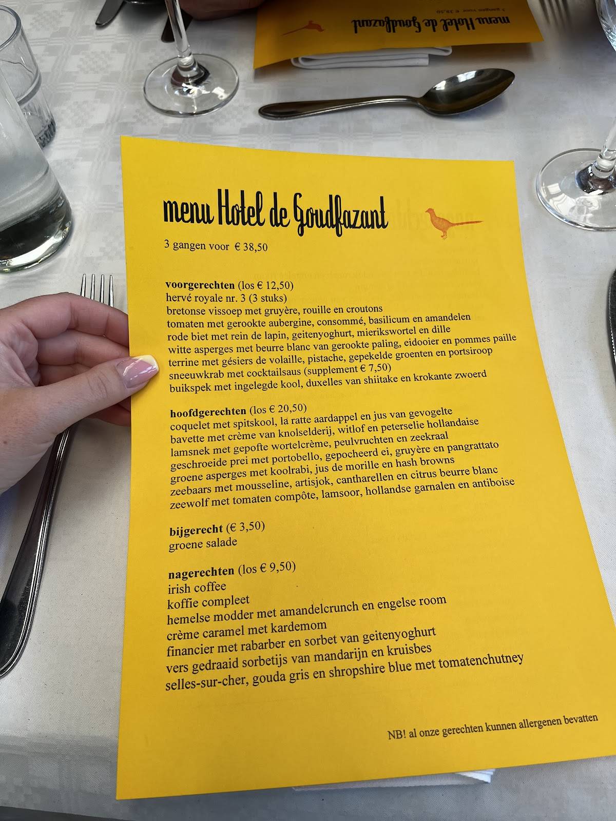 Menu at Hotel De Goudfazant, Amsterdam