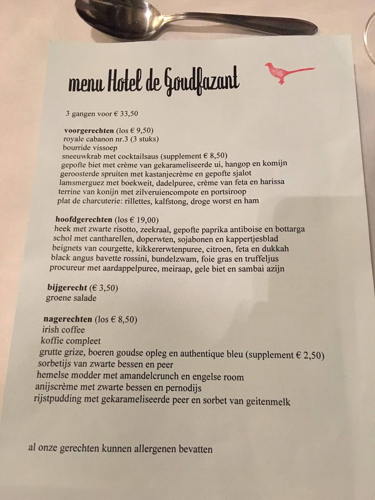 Menu at Hotel De Goudfazant, Amsterdam