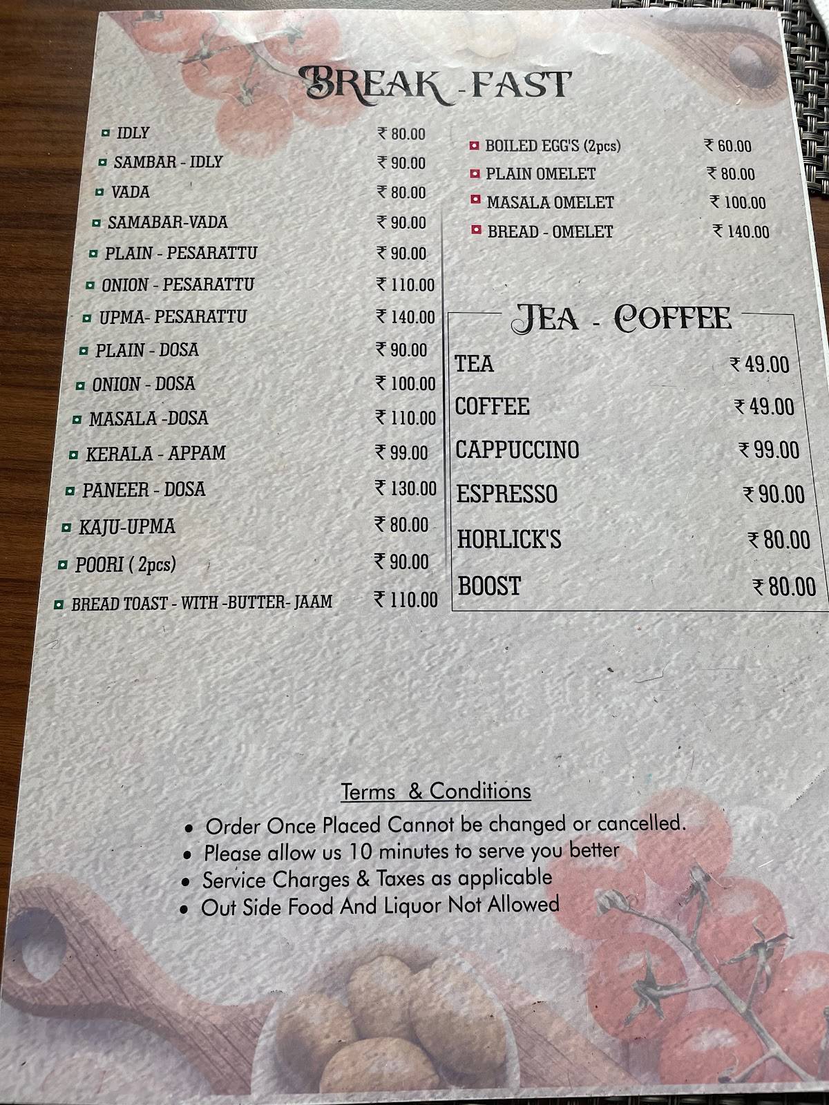 Menu at Hotel JAS, India