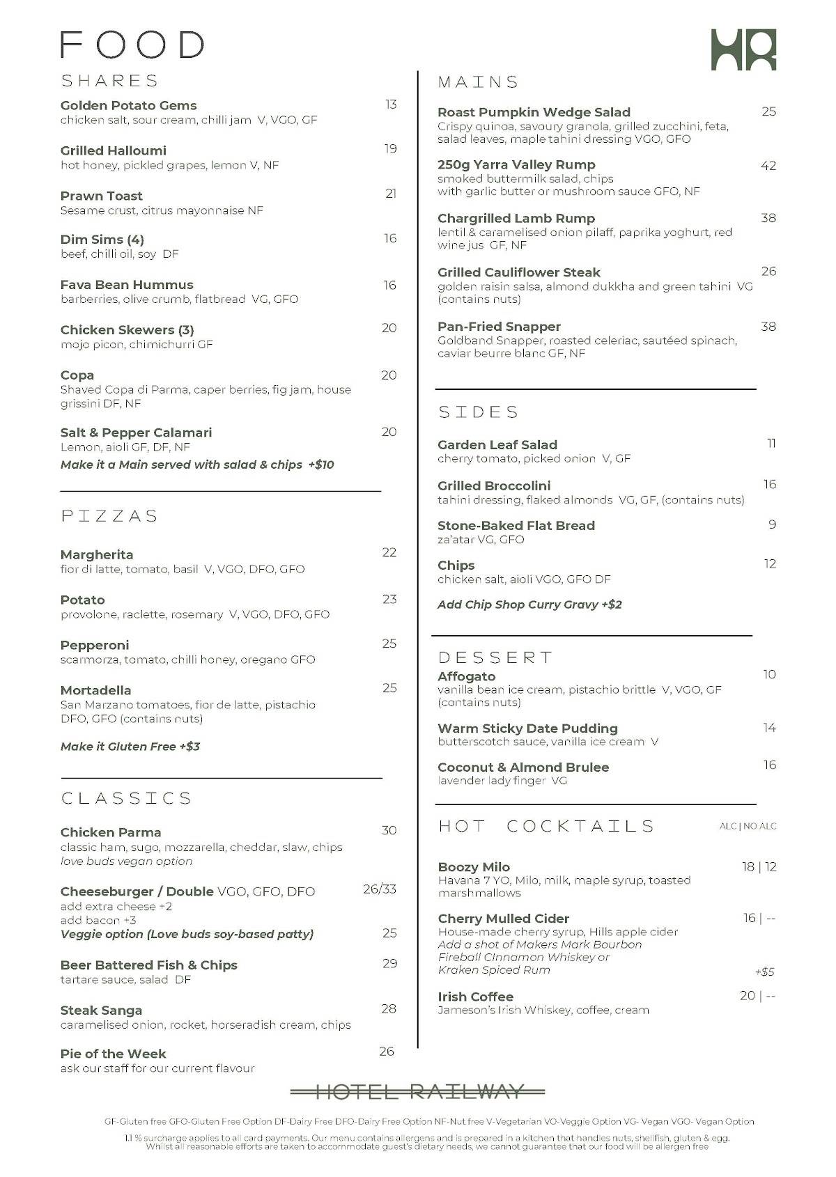 Menu at Hotel Railway Brunswick pub & bar, Brunswick, 291 Albert St