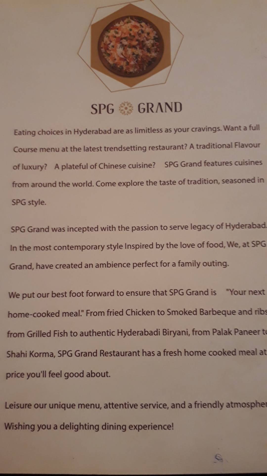 Menu at Hotel SPG Grand, Hyderabad, 17-1-382/B/2