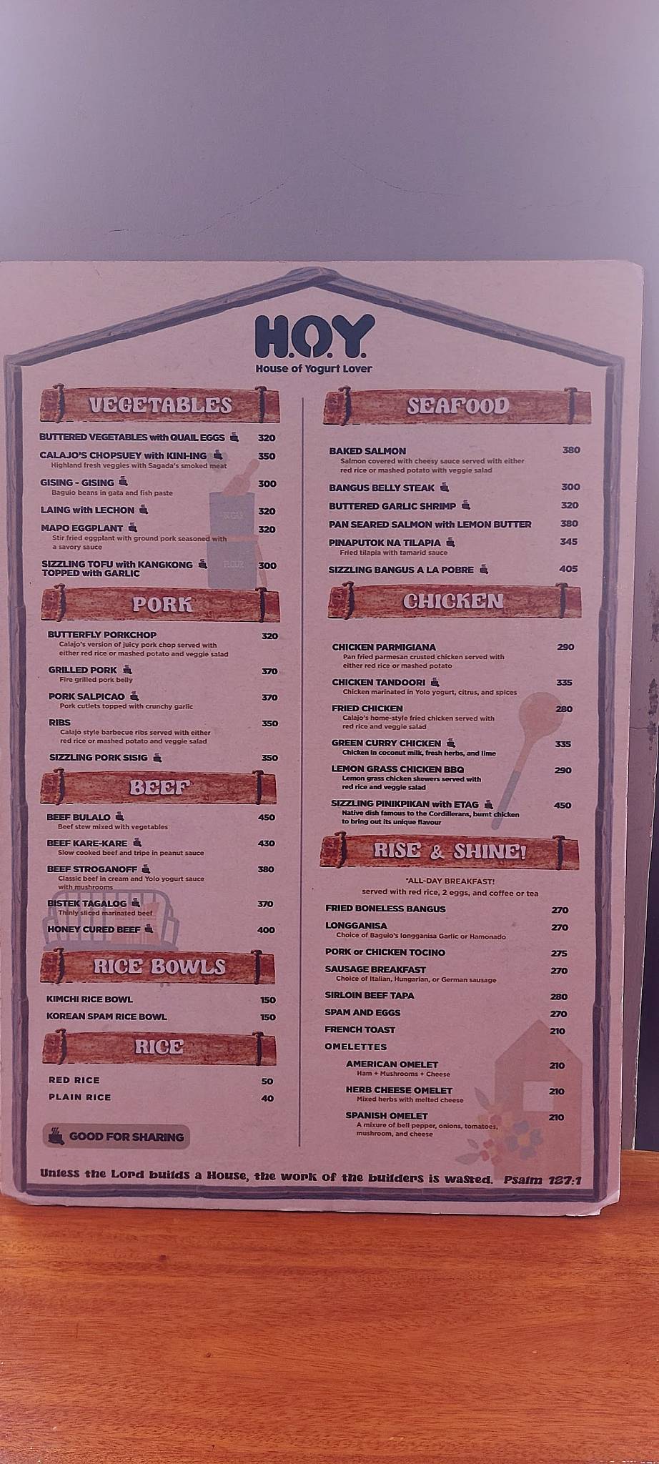 Menu at House of Yogurt Lover (H.O.Y.) restaurant, Baguio