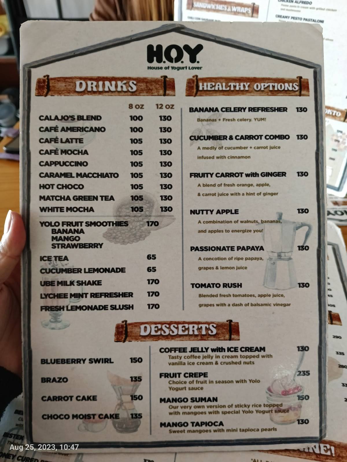Menu at House of Yogurt Lover (H.O.Y.) restaurant, Baguio