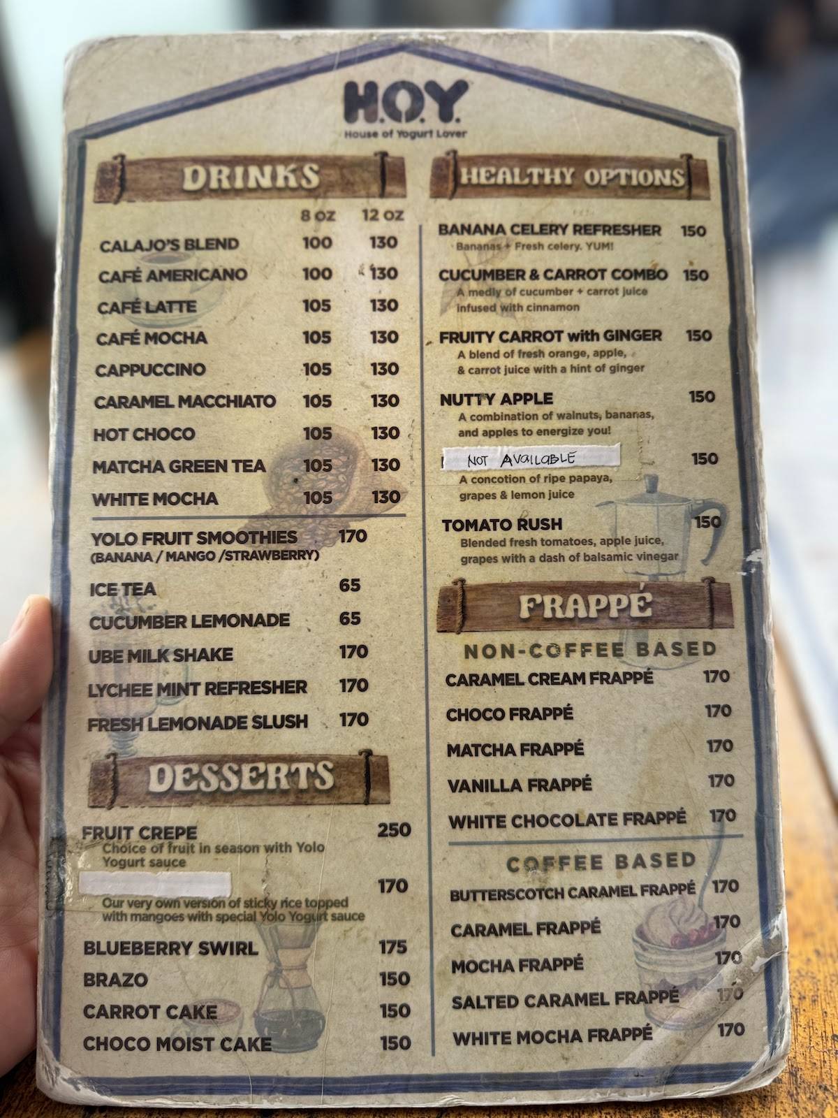 Menu at House of Yogurt Lover (H.O.Y.) restaurant, Baguio