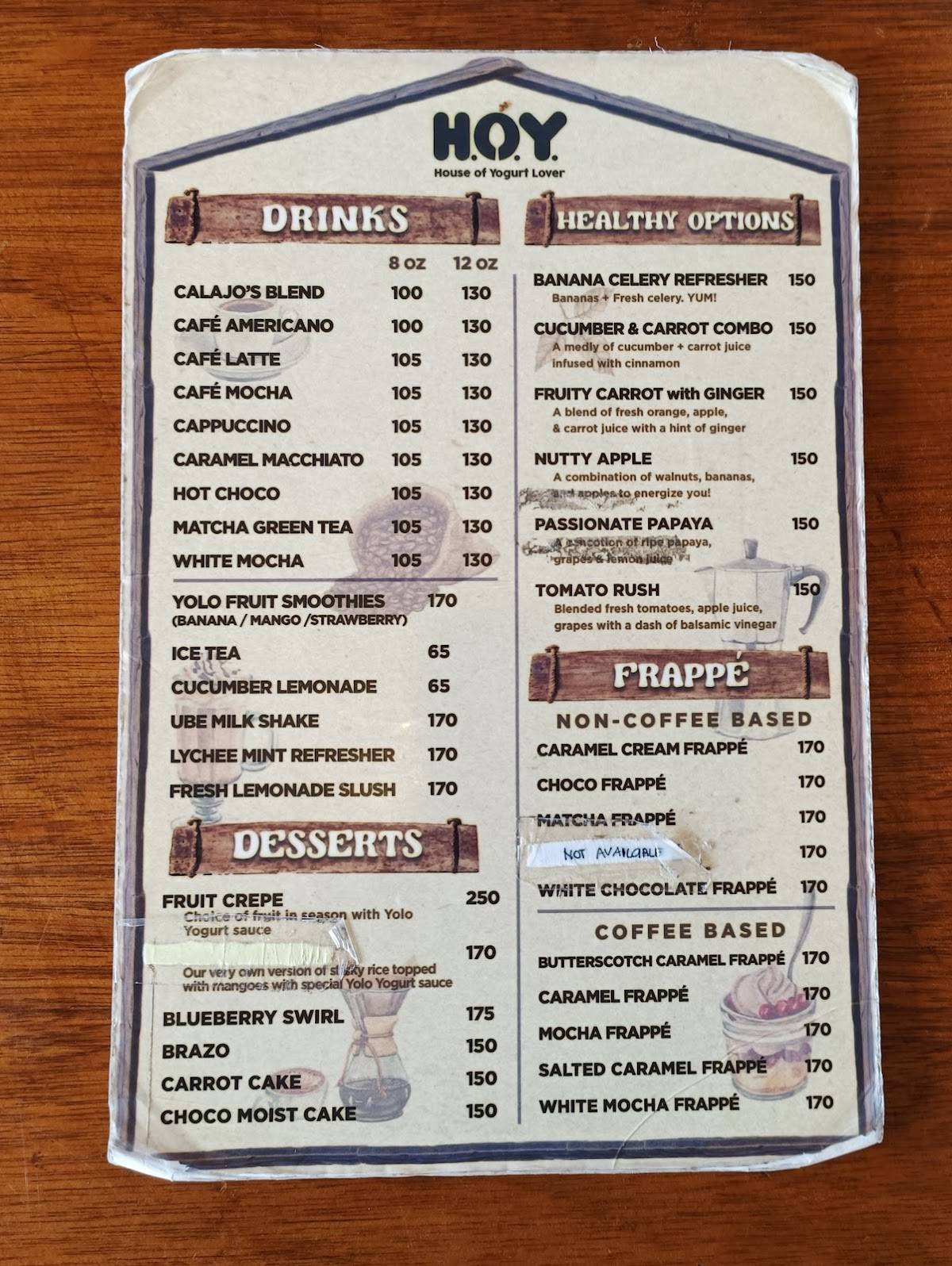 Menu at House of Yogurt Lover (H.O.Y.) restaurant, Baguio
